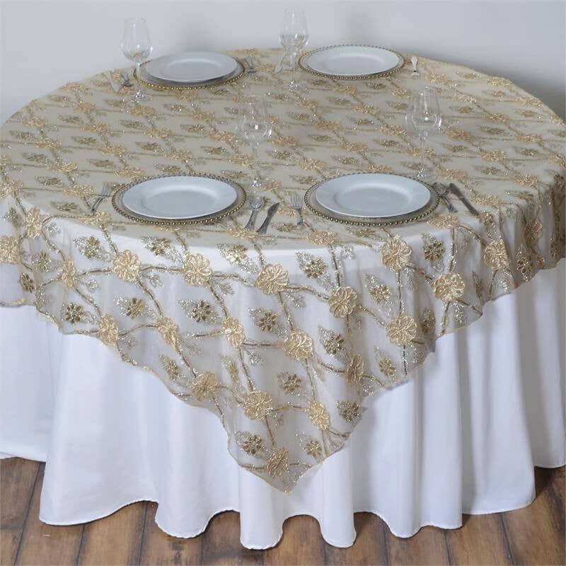 Efavormart 72" x 72" Champagne Lace Netting Square Tablecloth Overlay ...