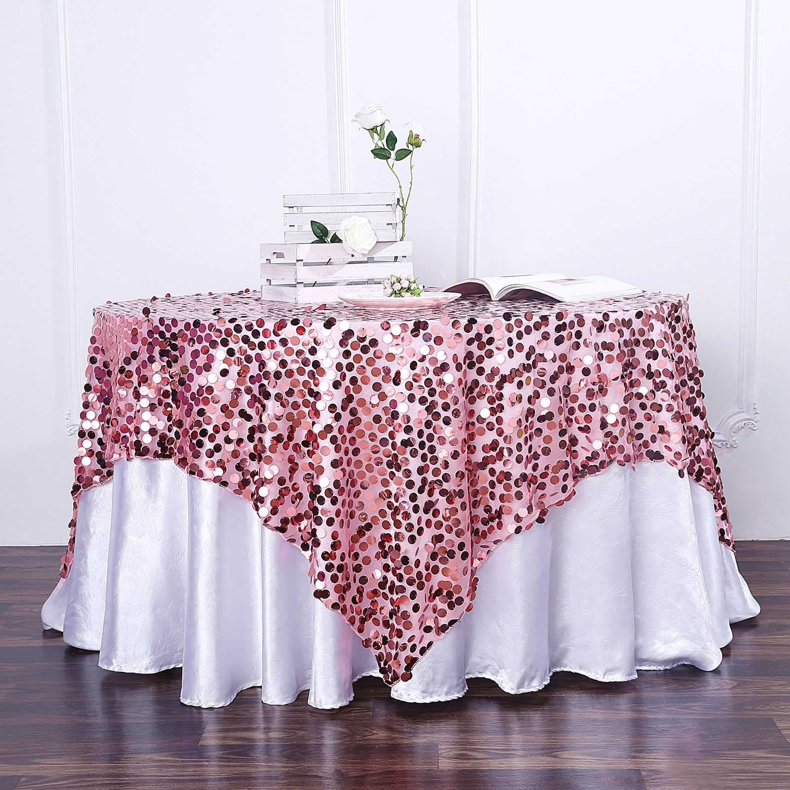 Efavormart 72" x 72" Pink Premium Big Payette Sequin Overlay Table ...
