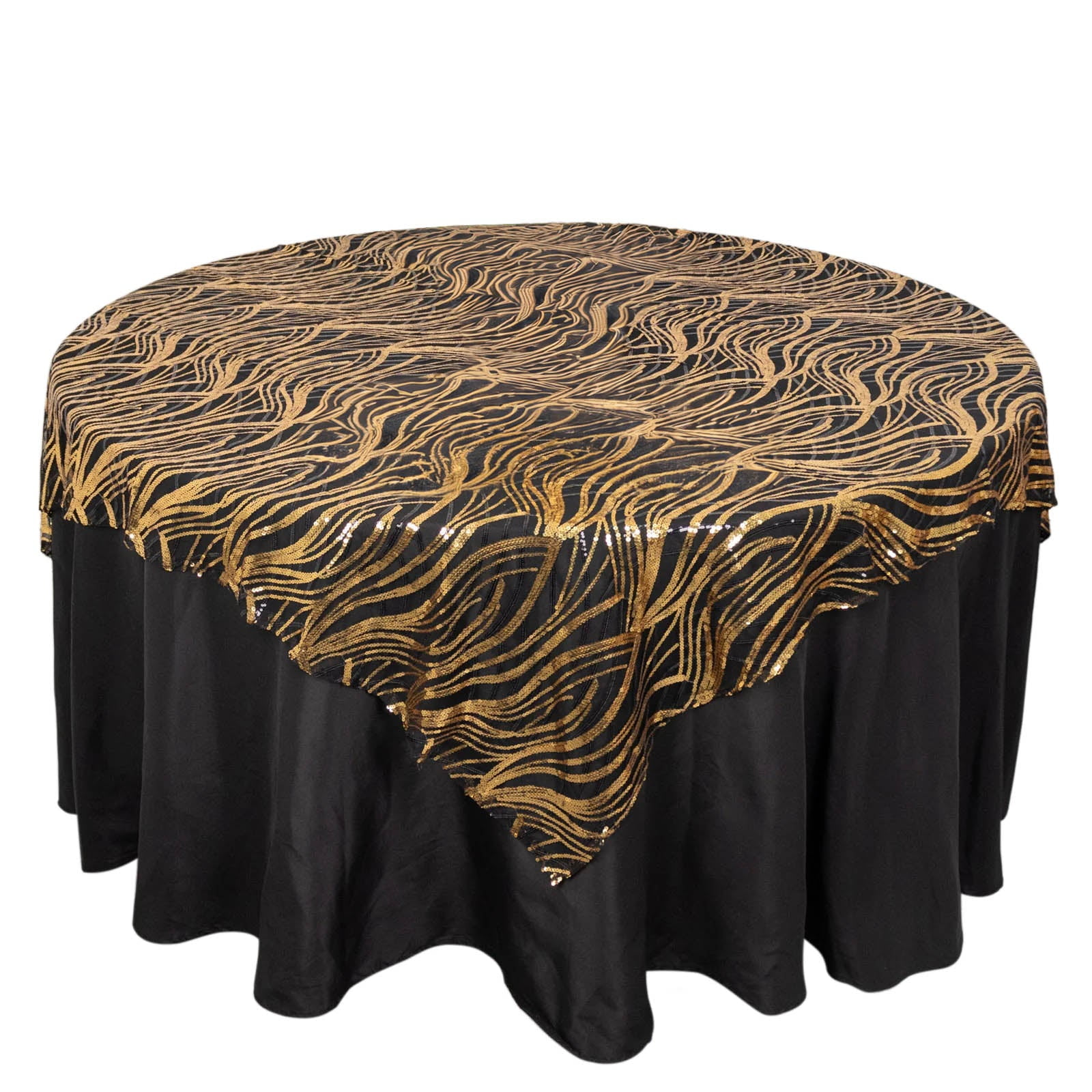 Efavormart 72"x72" Black Gold Wave Embroidered Sequin Table Overlay ...