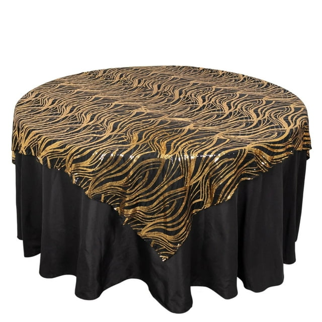 Efavormart 72"x72" Black Gold Wave Embroidered Sequin Table Overlay ...
