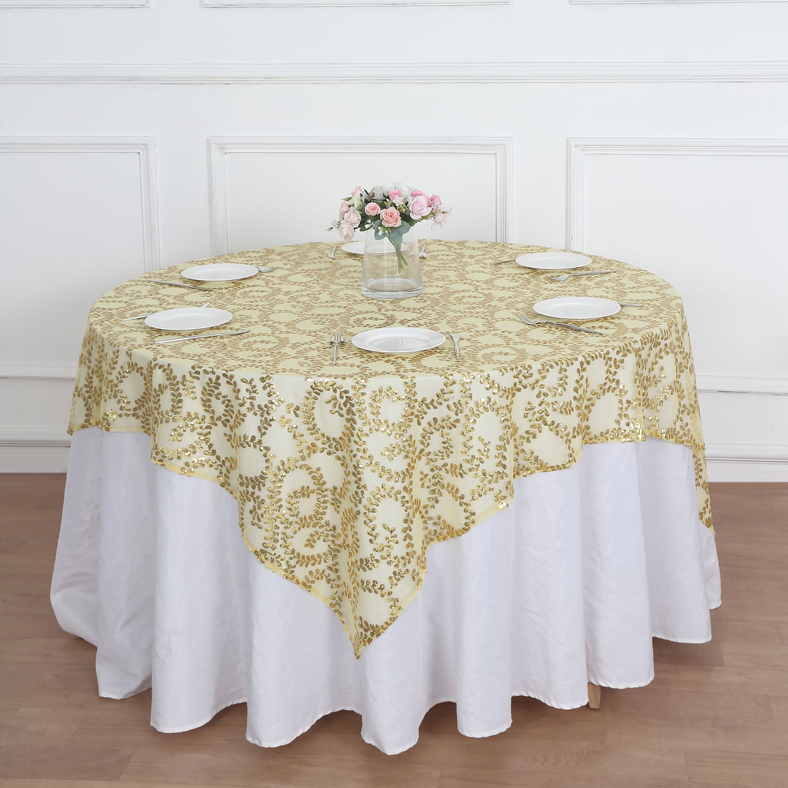 Efavormart 72"x72" Gold Sequin Leaf Embroidered Seamless Tulle Table ...