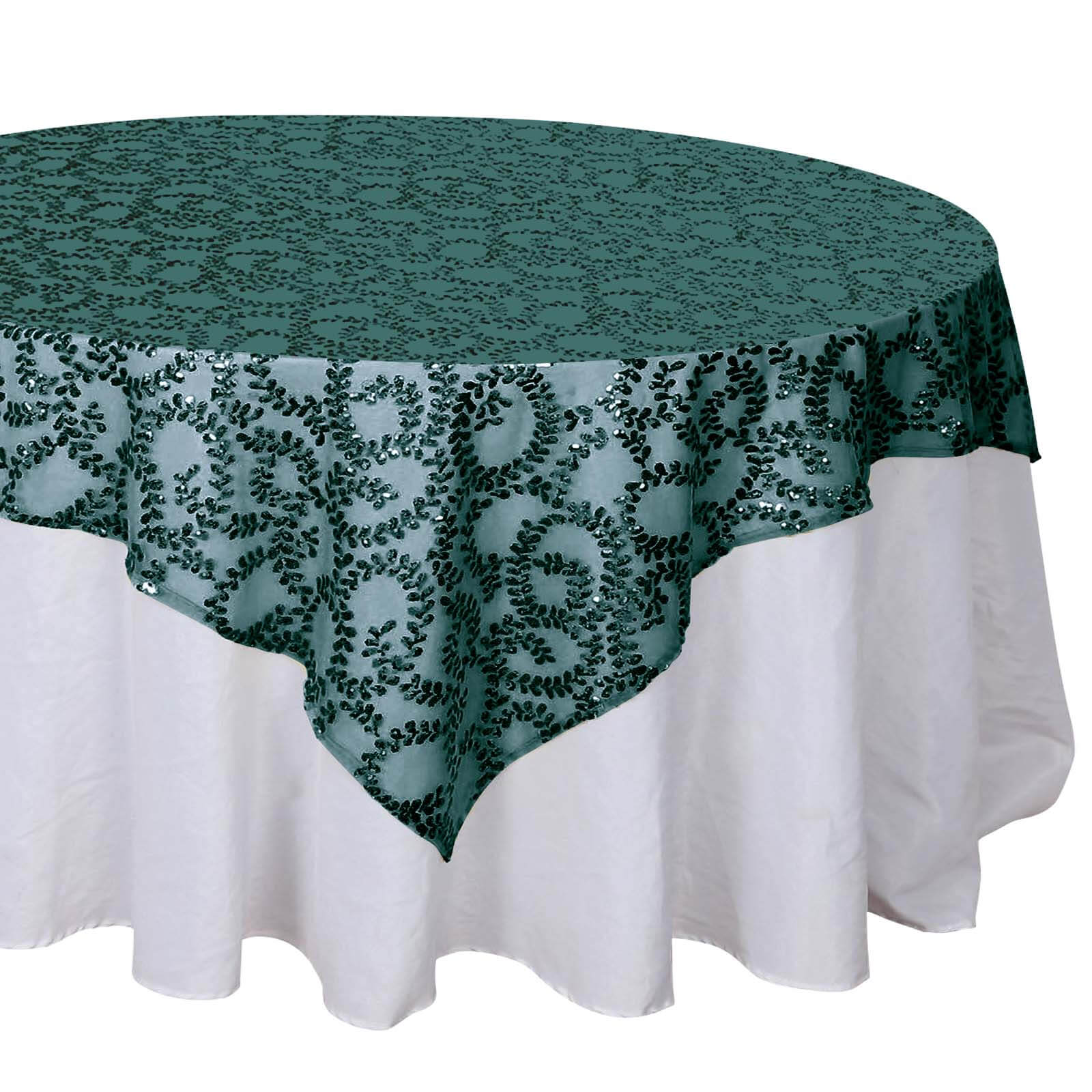 Efavormart 72"x72" Hunter Emerald Green Sequin Leaf Embroidered ...