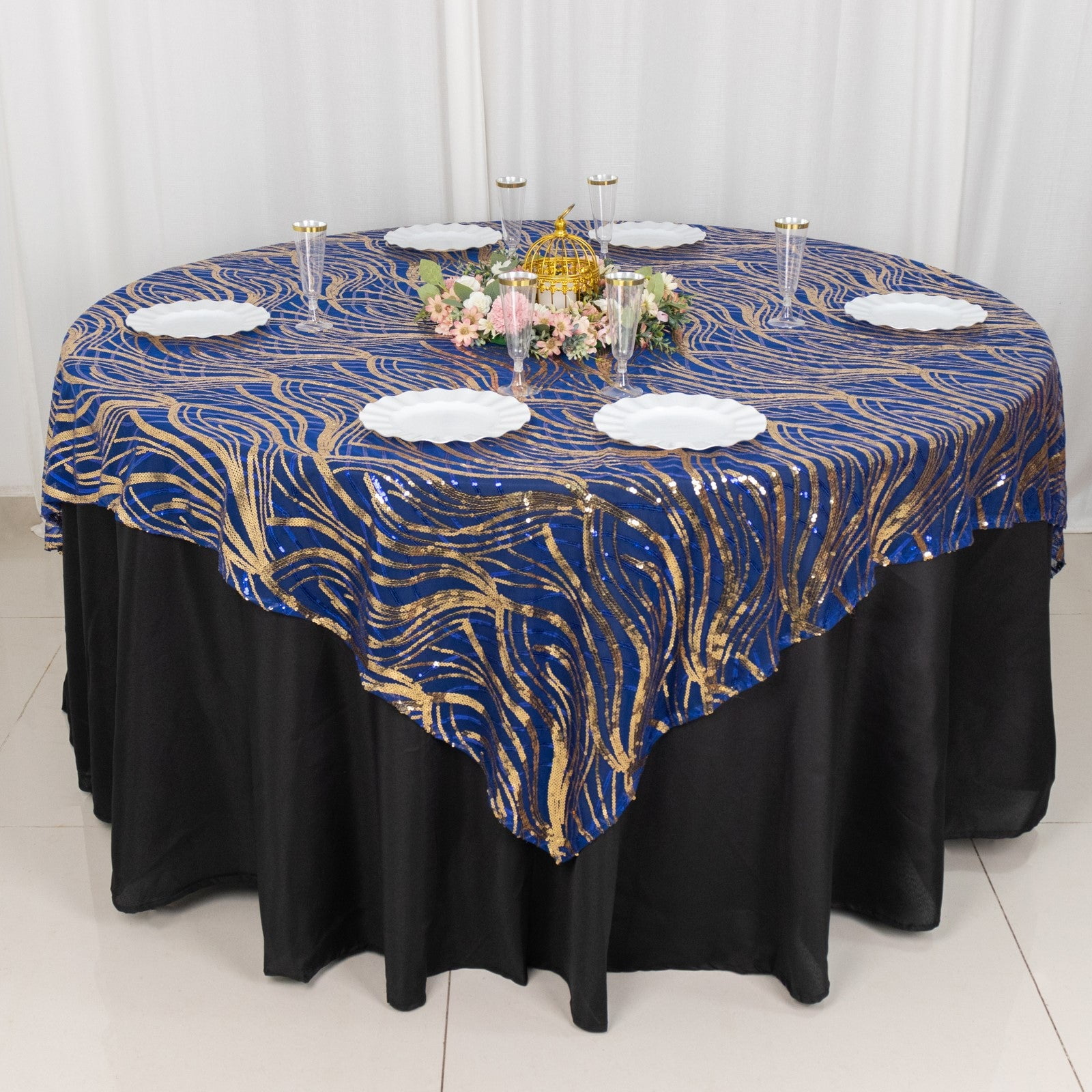 Efavormart 72"x72" Royal Blue Wave Embroidered Sequin Table Overlay ...