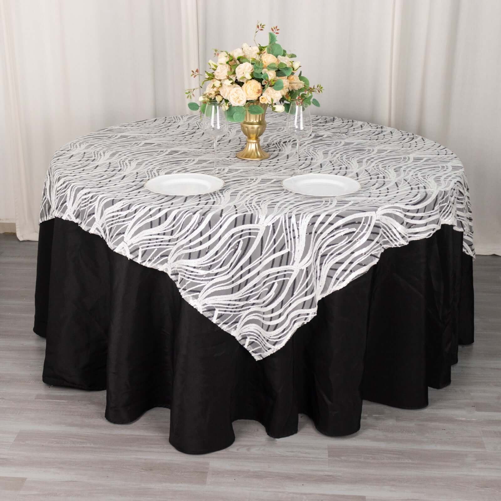 Efavormart 72"x72" White / Black Wave Embroidered Sequin Table Overlay ...