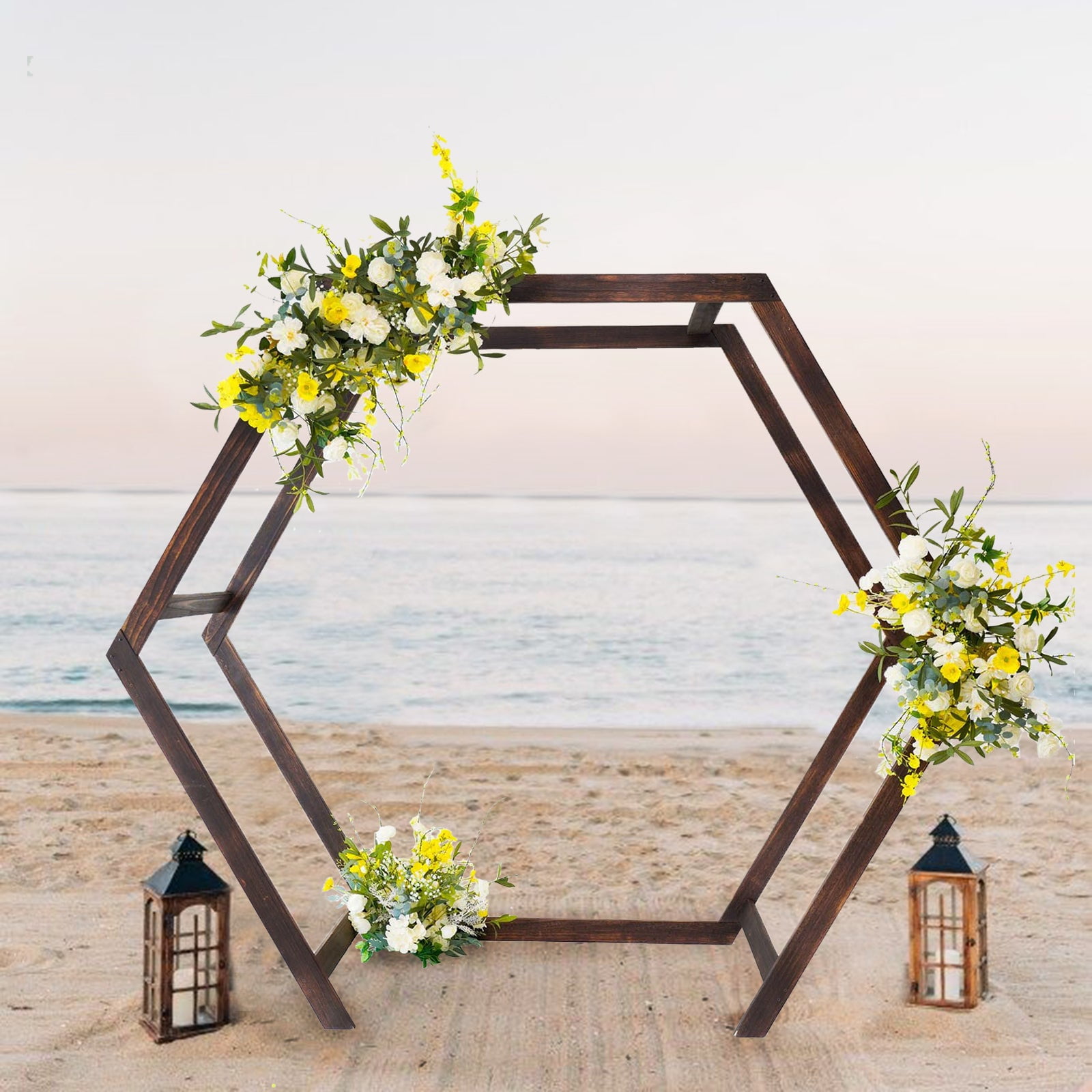 eFavormart Hexagonal Wooden Backdrop Stand, Rustic Style, Dark Brown ...