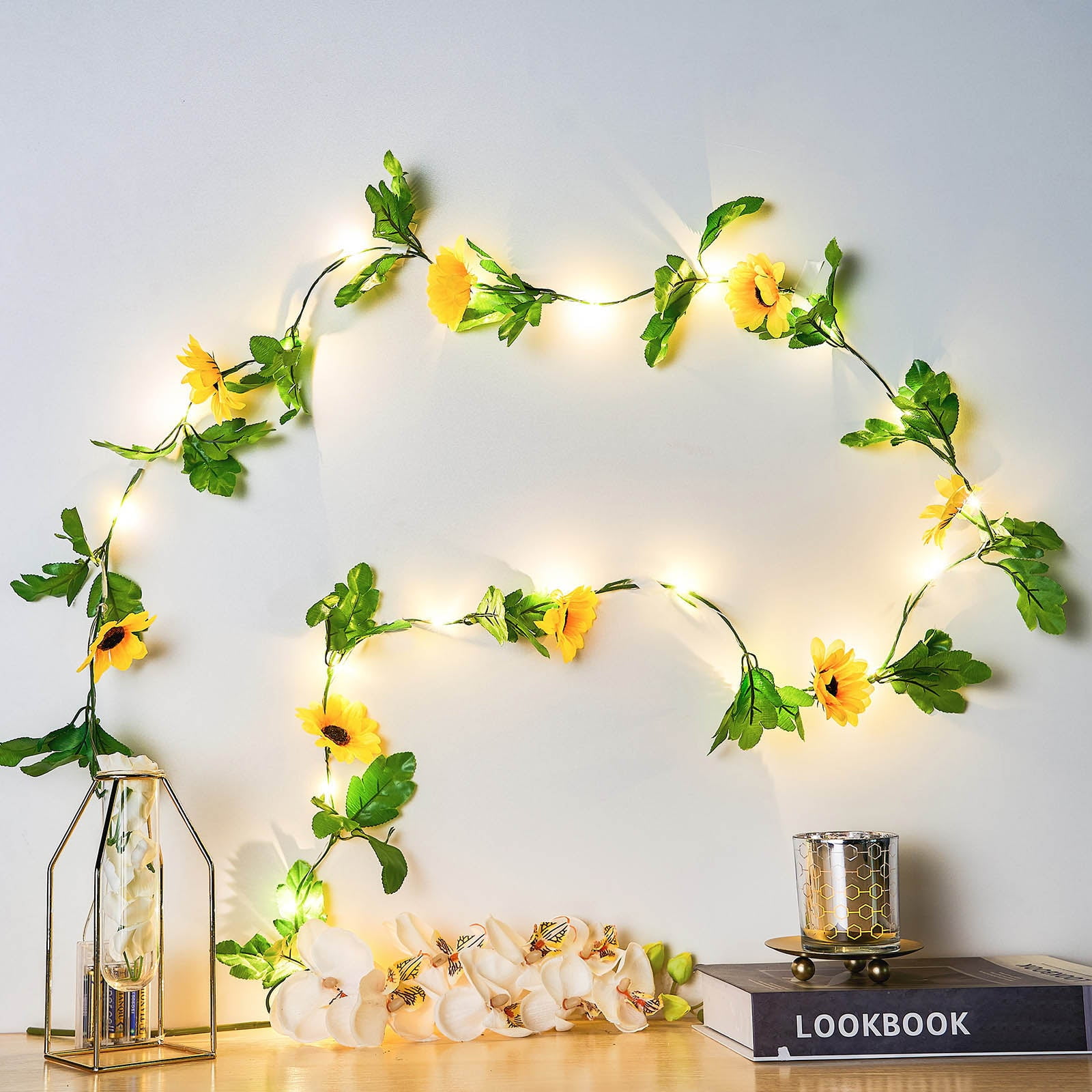 Efavormart 8FT 20 LED Artificial Sunflowers Greenery Garland, Battery ...