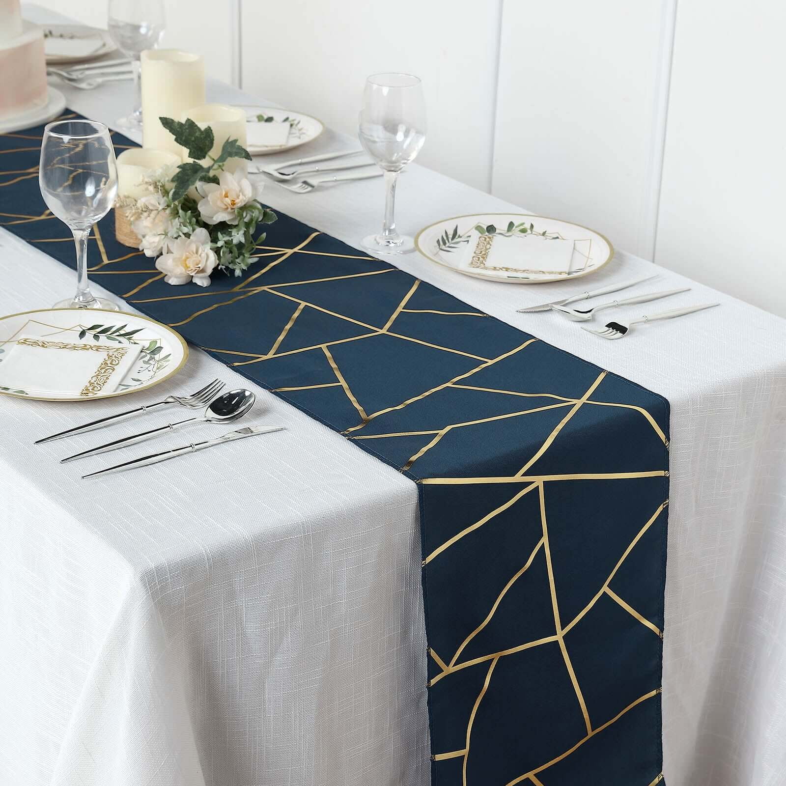 eFavormart Gold Foil Geometric Pattern Table Runner, Navy Blue ...