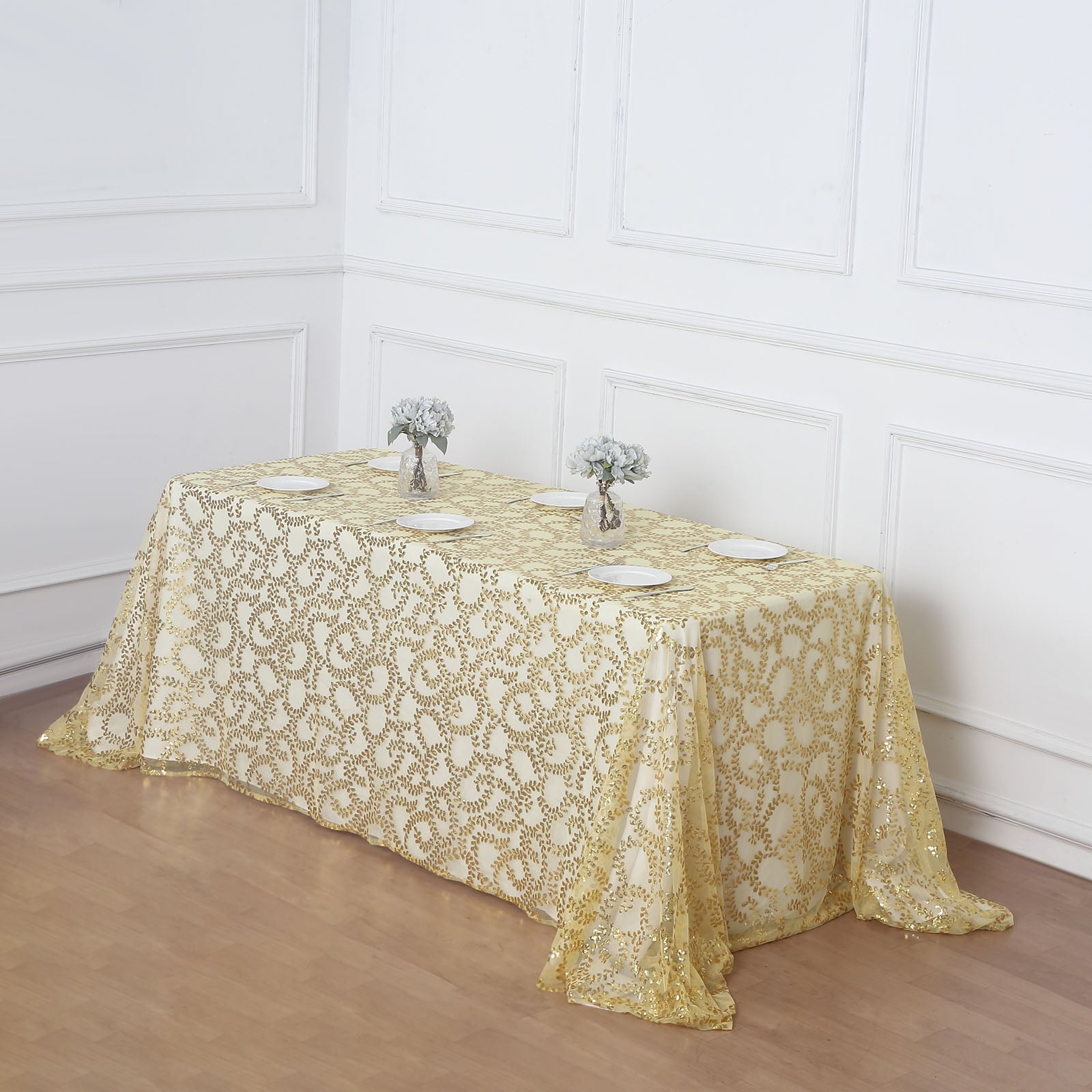 Efavormart 90"x156" Gold Sequin Leaf Embroidered Tulle Rectangular Tablecloth, Seamless Sheer ...