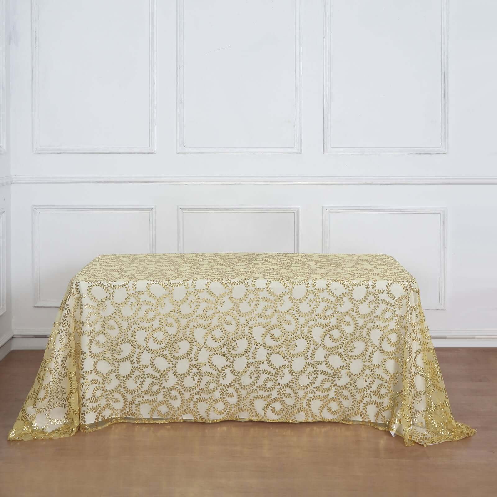 Efavormart 90"x156" Gold Sequin Leaf Embroidered Tulle Rectangular Tablecloth, Seamless Sheer ...
