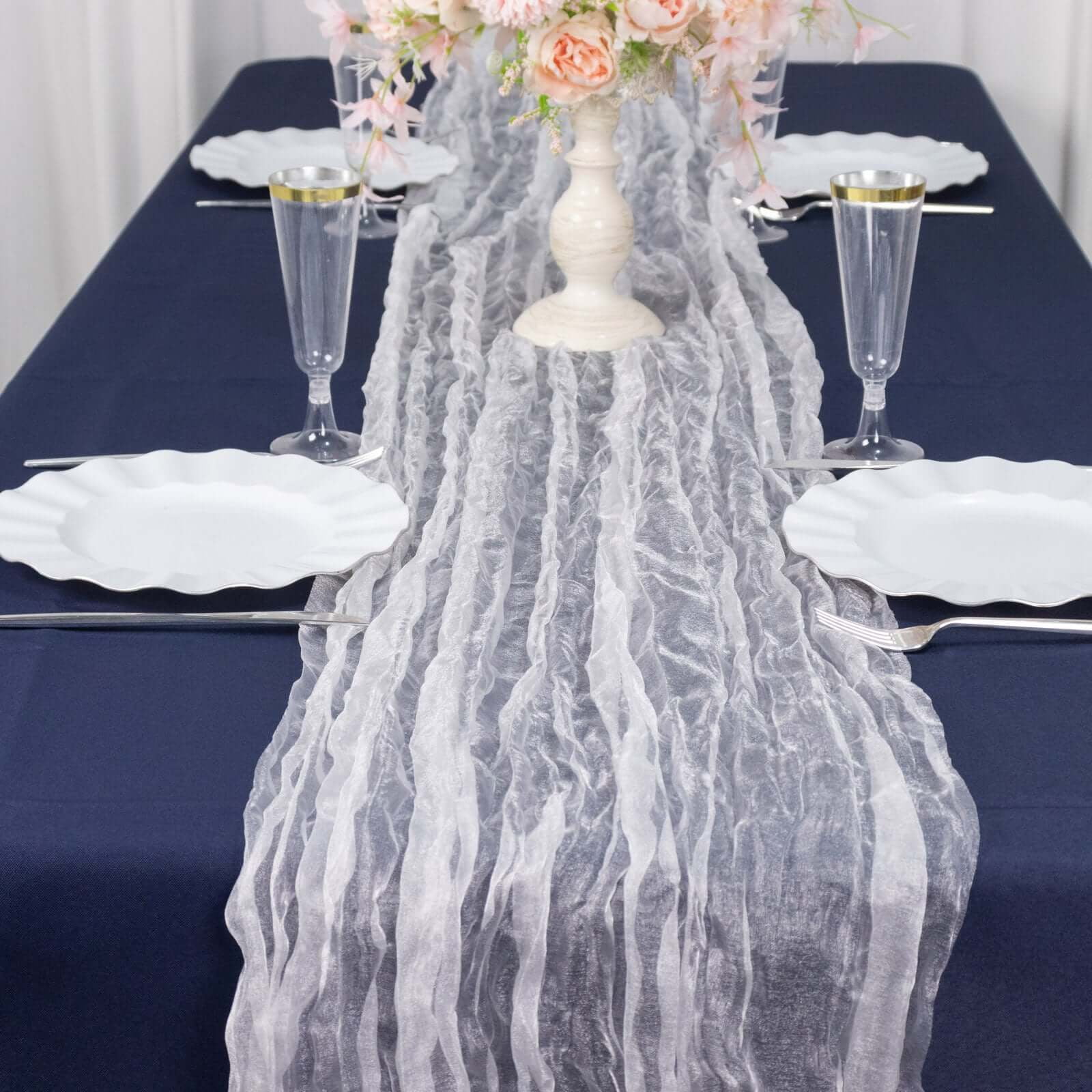 eFavormart White Crinkled Organza Table Runner, Sheer Textured 9ft ...