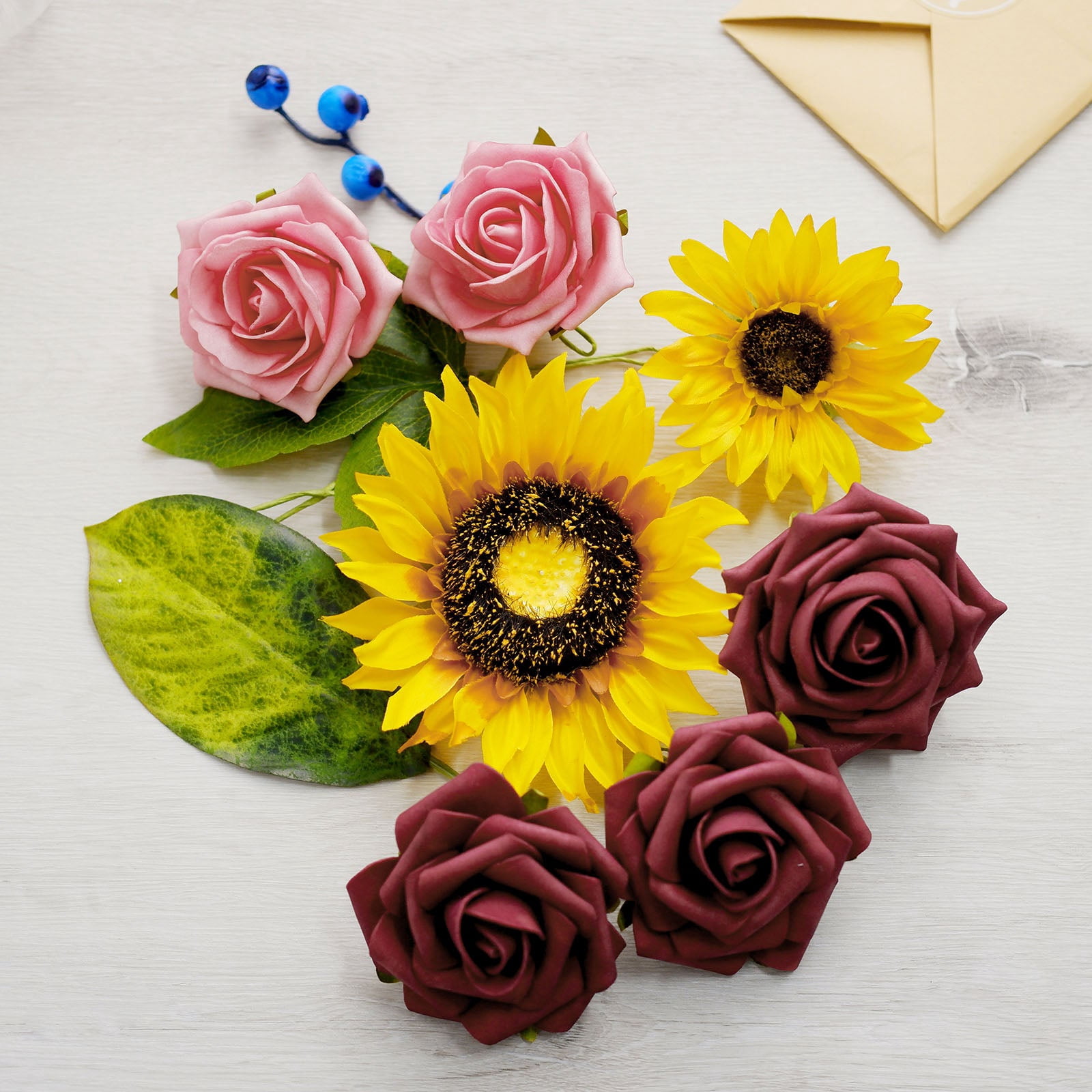 Efavormart Artificial Foam Roses & Silk Sunflowers Mix Flower Box Diy ...