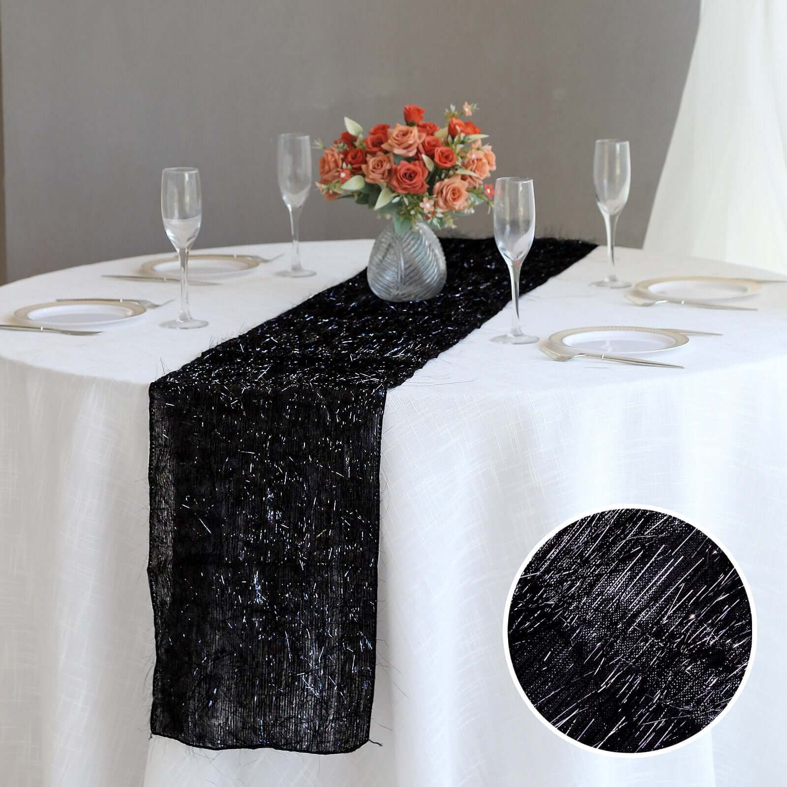 Efavormart Black Metallic Fringe Shag Tinsel Table Runner, Shimmery ...