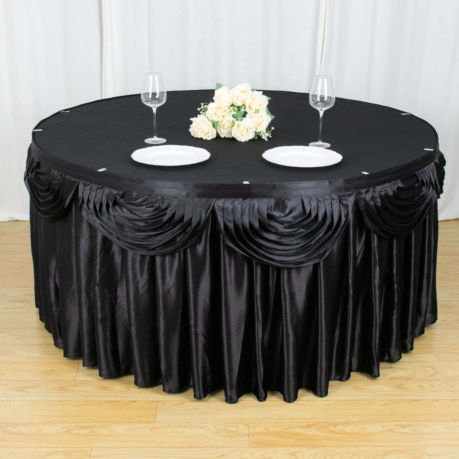 Efavormart Black Satin Double Drape Table Skirt for Kitchen Dining ...