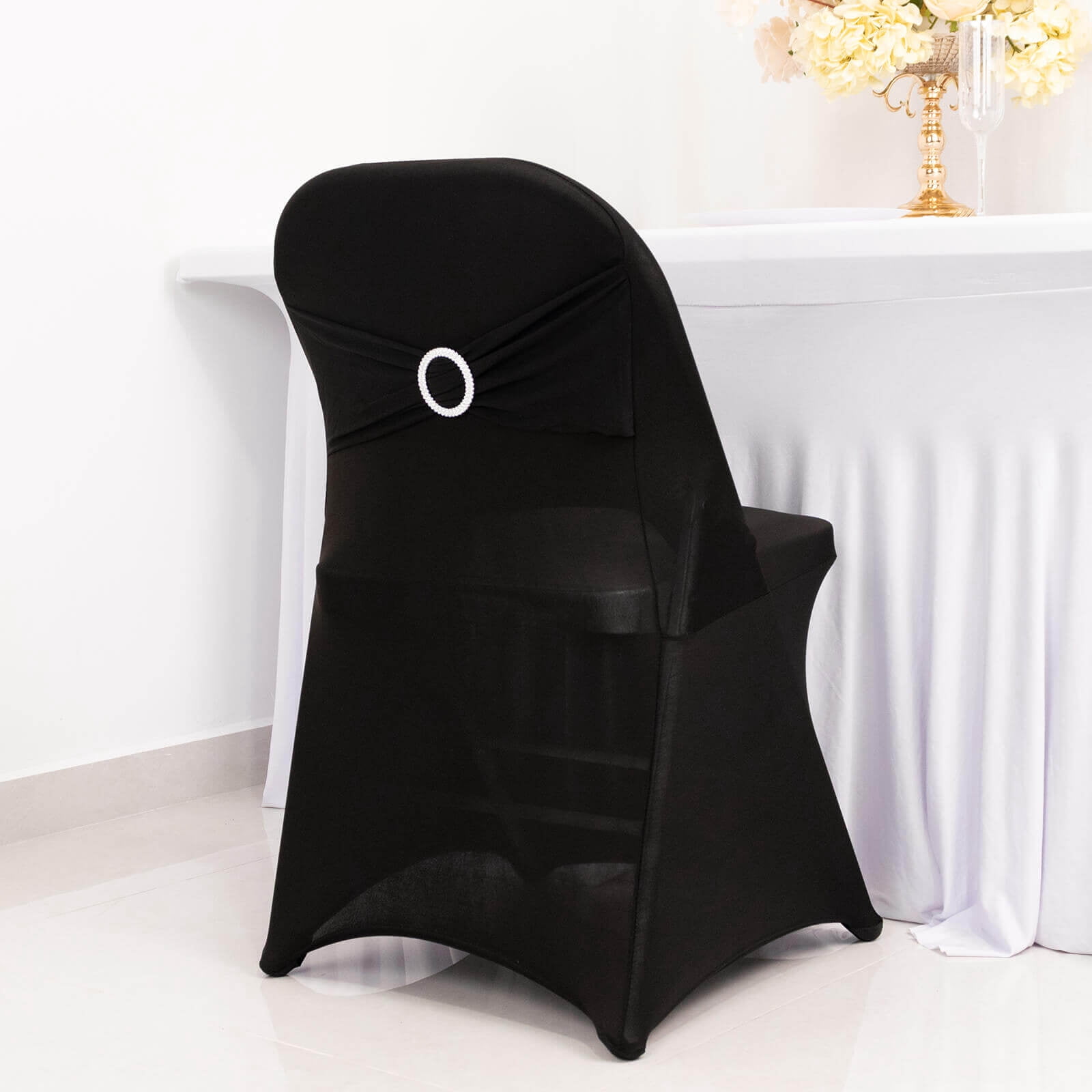 Efavormart Black Spandex Folding Slip On Chair Cover with Silver ...