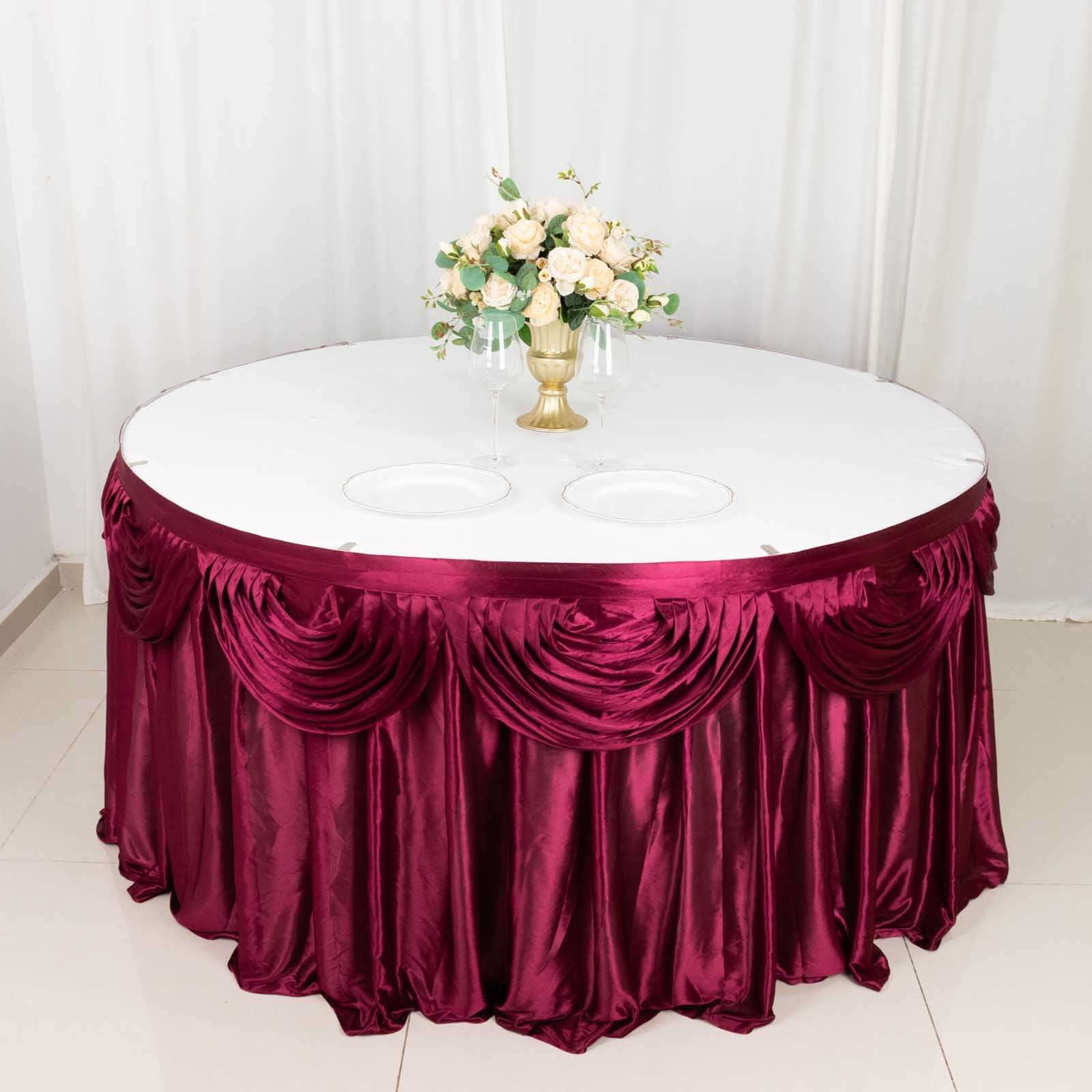 Efavormart Burgundy Satin Double Drape Table Skirt for Kitchen Dining ...