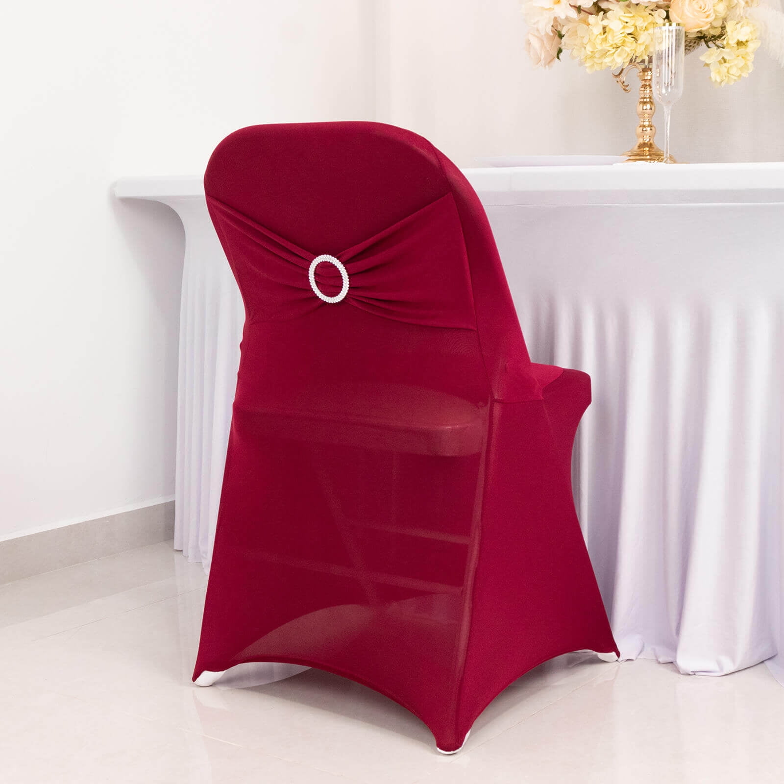 Efavormart Burgundy Spandex Folding Slip On Chair Cover with Silver ...