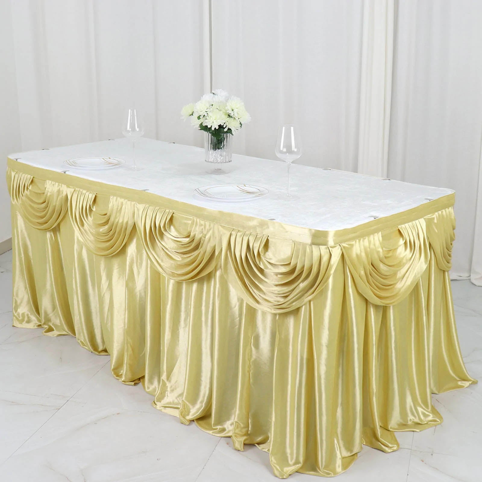 Efavormart Champagne Satin Double Drape Table Skirt for Kitchen Dining ...