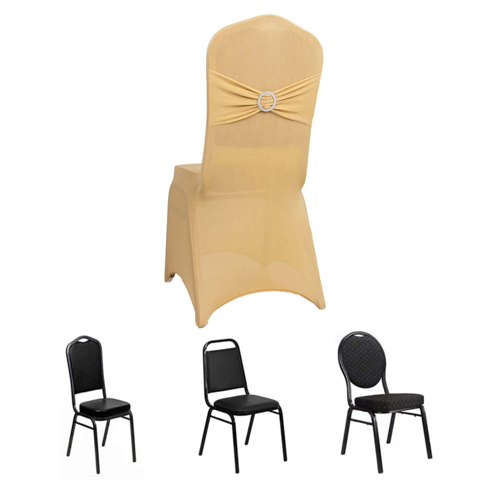 Efavormart Champagne Spandex Banquet Slip On Chair Cover with Silver ...