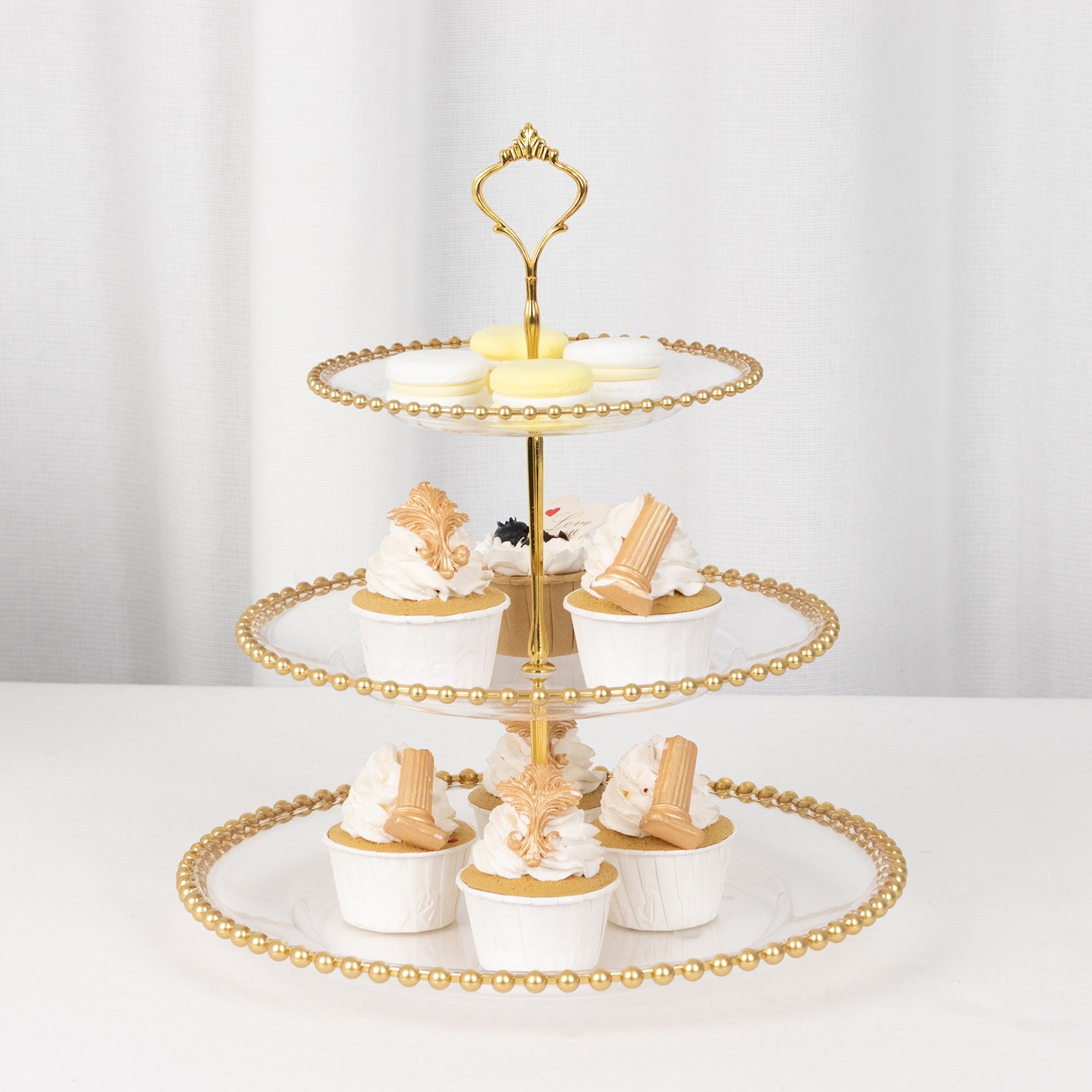 Efavormart 3-Tier Round Plastic Cupcake Stand, Gold Beaded Rim, Top ...