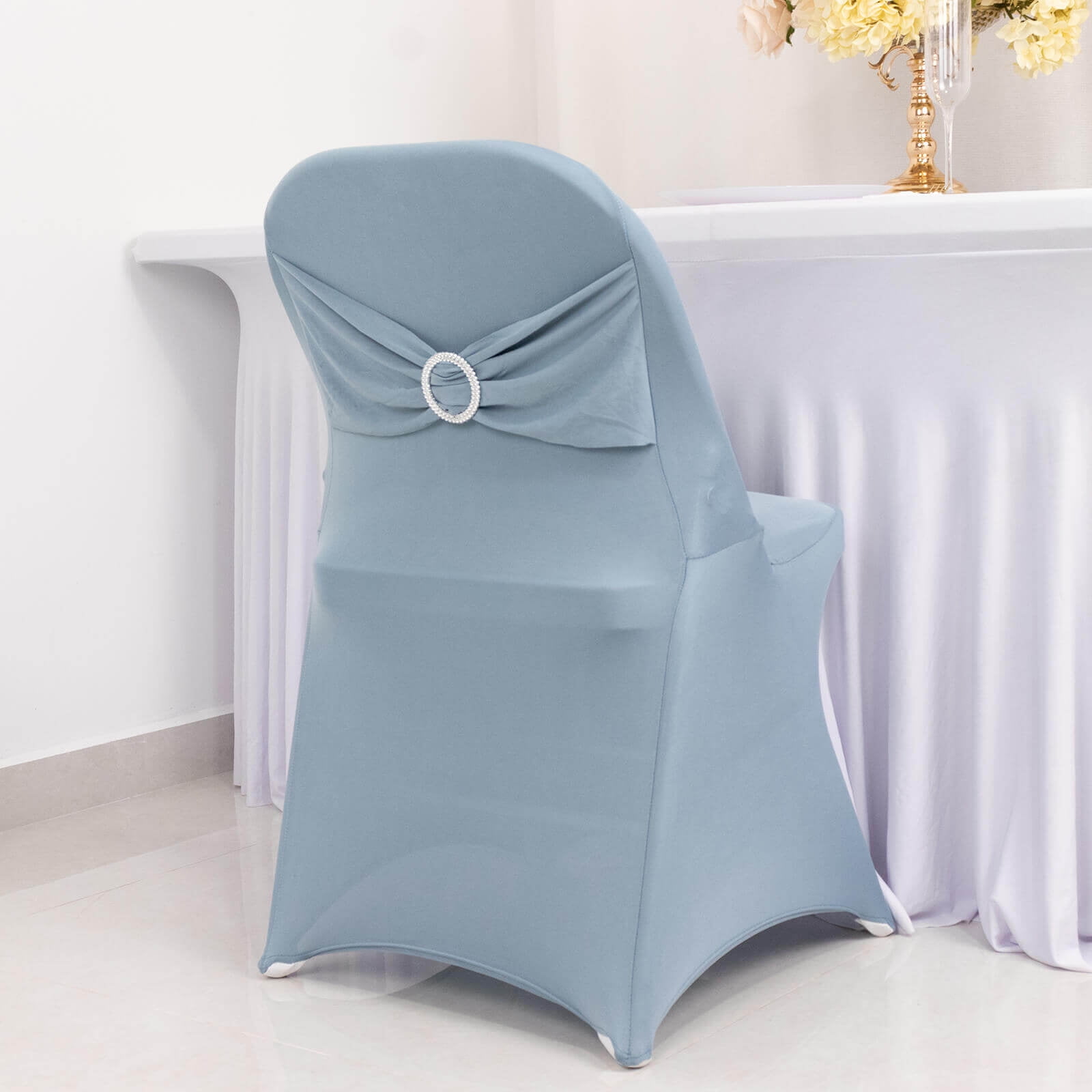 Efavormart Dusty Blue Spandex Folding Slip On Chair Cover with Silver ...