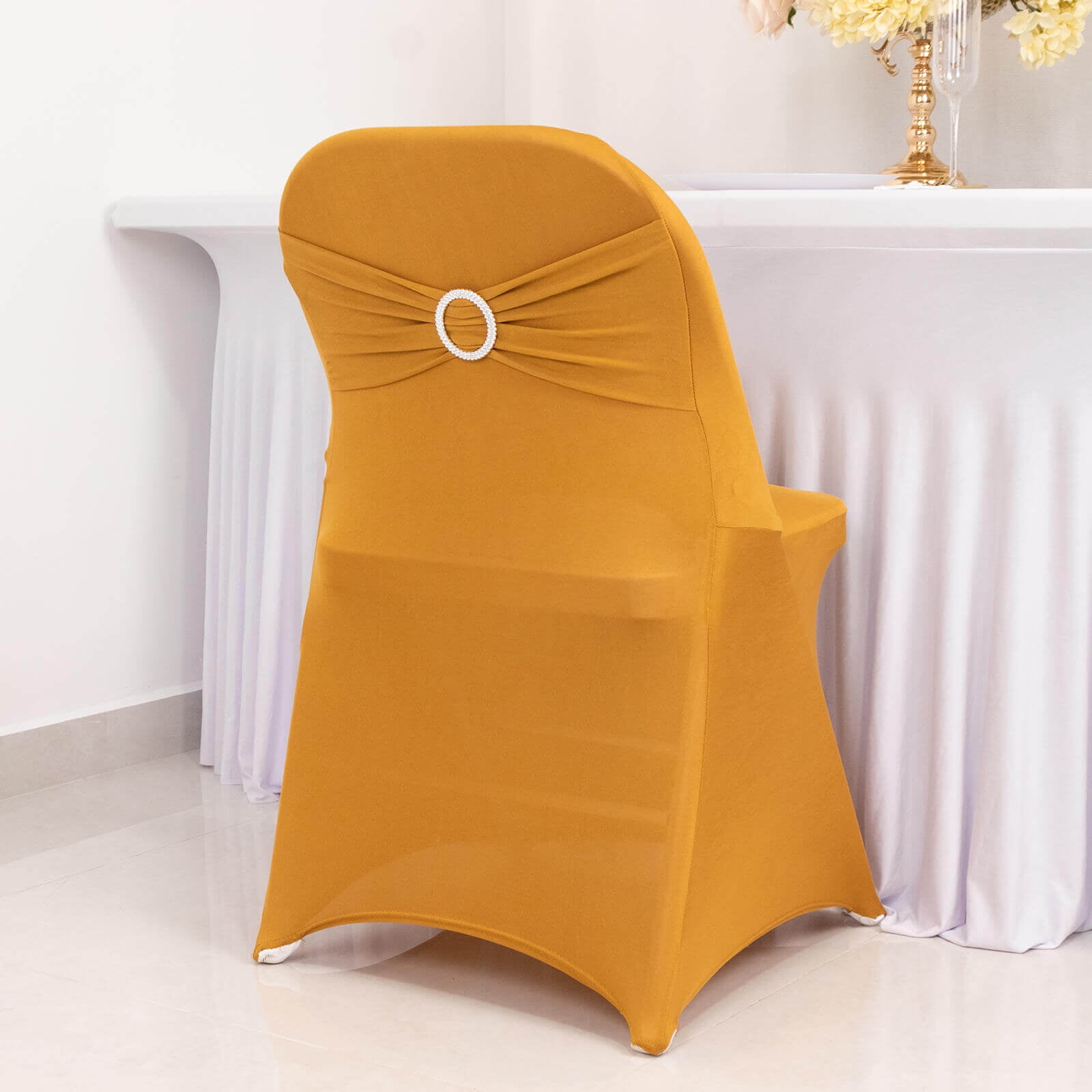 Efavormart Gold Spandex Folding Slip On Chair Cover with Silver ...