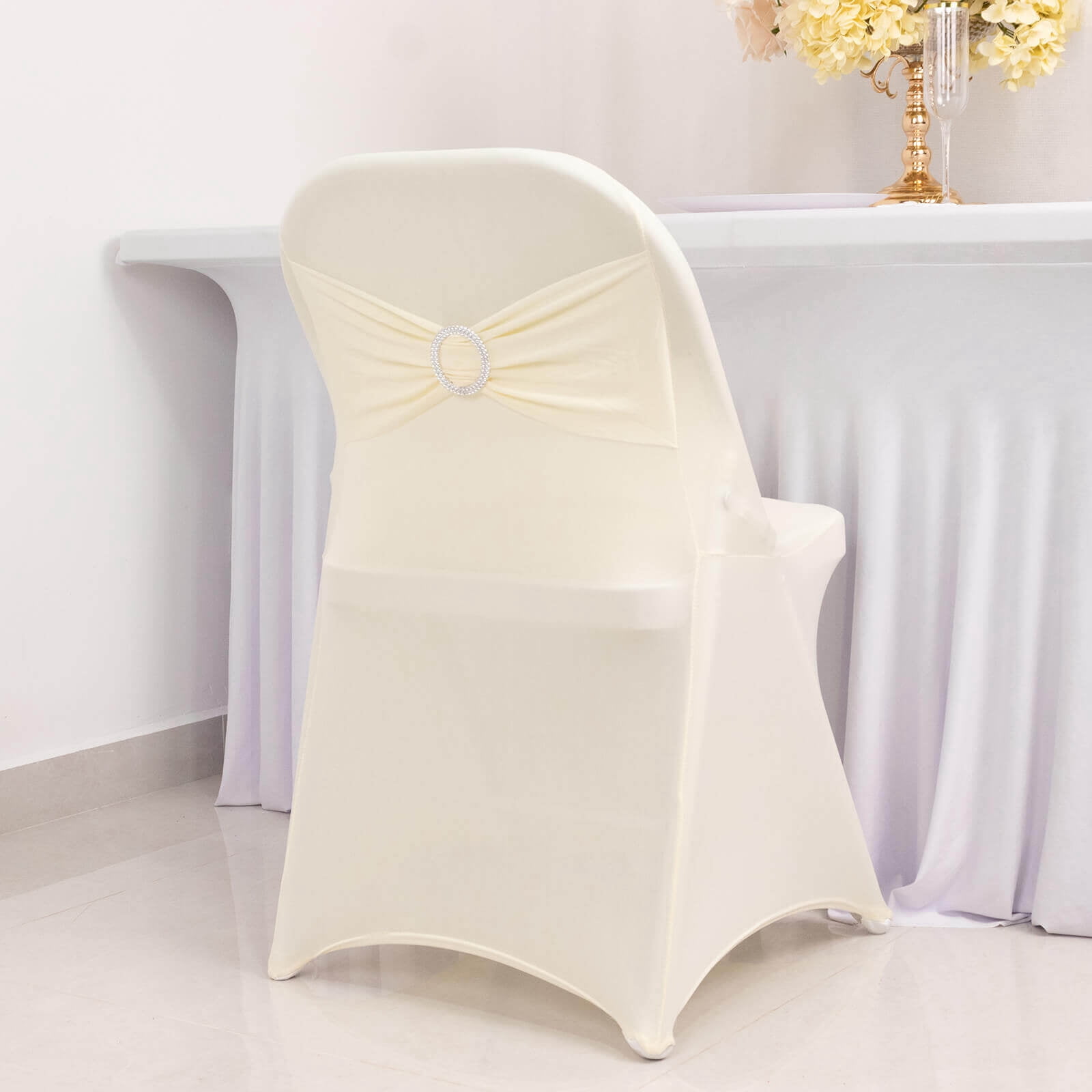 Efavormart Ivory Spandex Folding Slip On Chair Cover with Silver ...