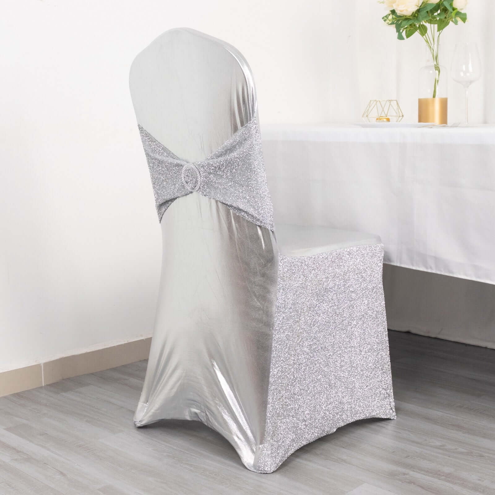 Efavormart Metallic Silver Shimmer Tinsel Spandex Banquet Chair Cover ...