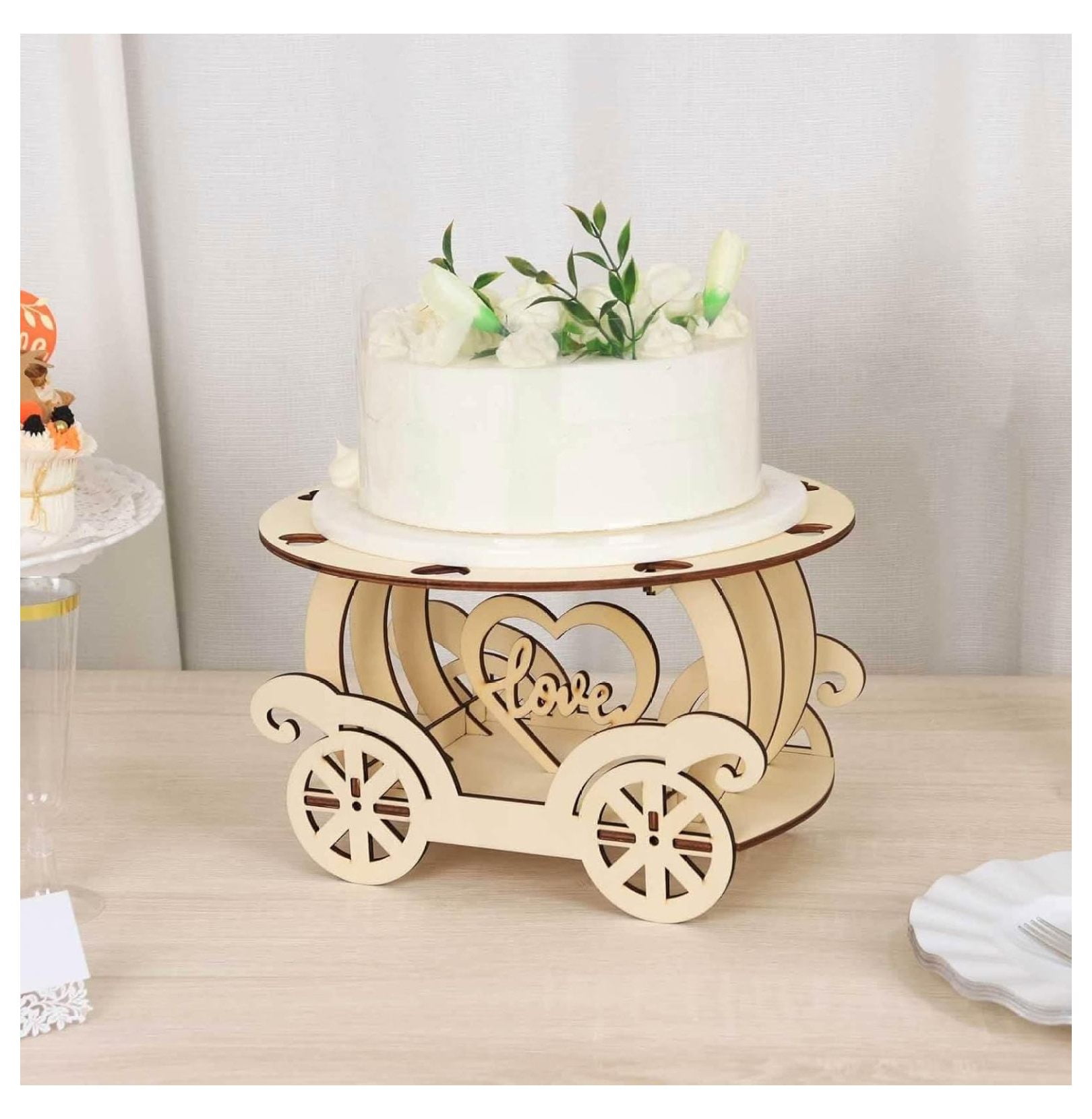 Efavormart Natural Wooden Carriage Wedding Cake Stand, Laser Cut ...