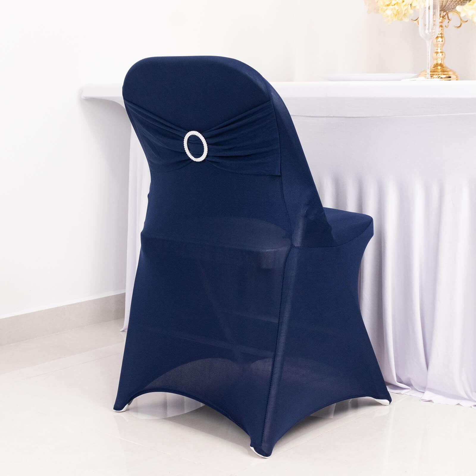 Efavormart Navy Blue Spandex Folding Slip On Chair Cover with Silver ...