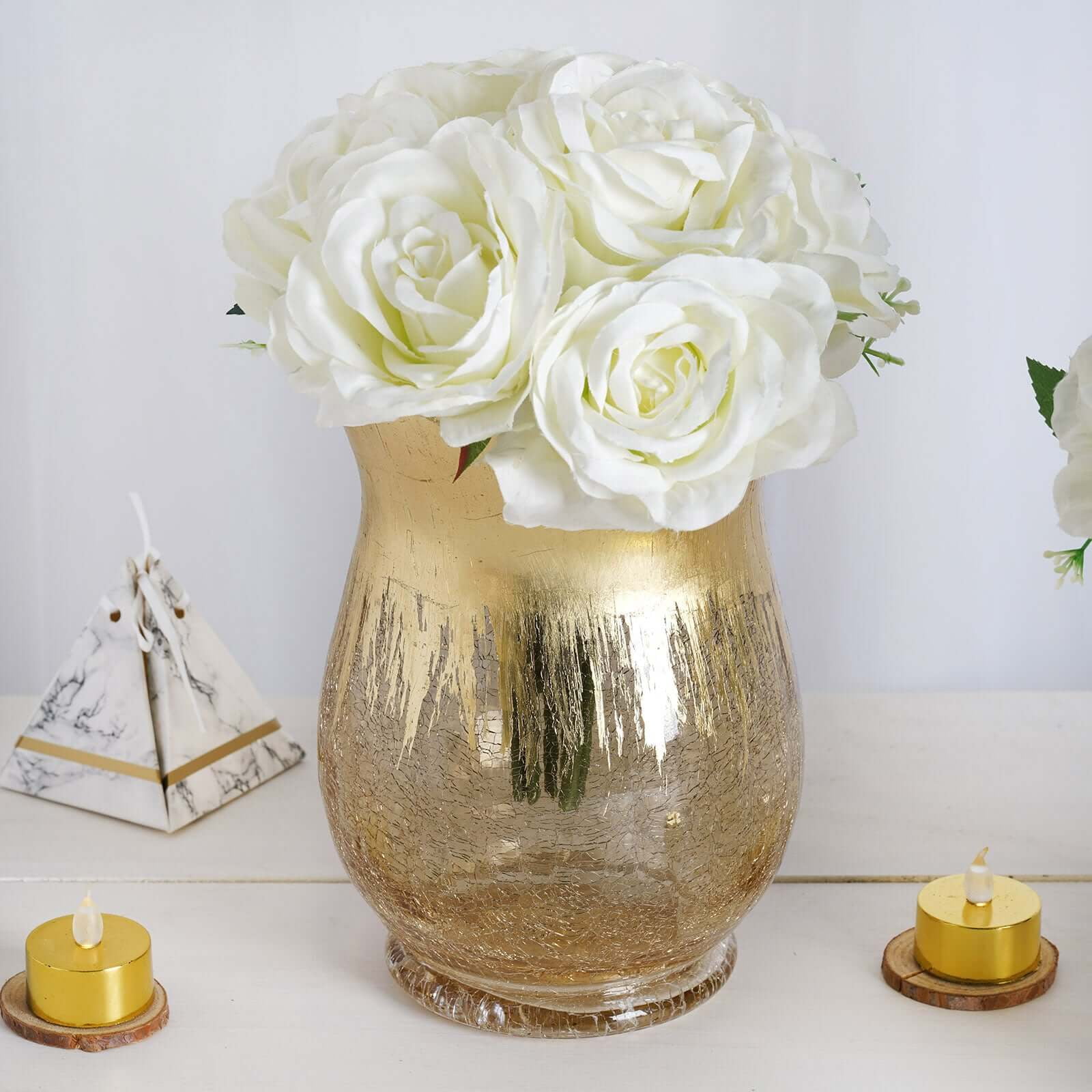 Efavormart Pack of 2 8" Tall Handmade Gold Foil Crackle Glass Vases ...