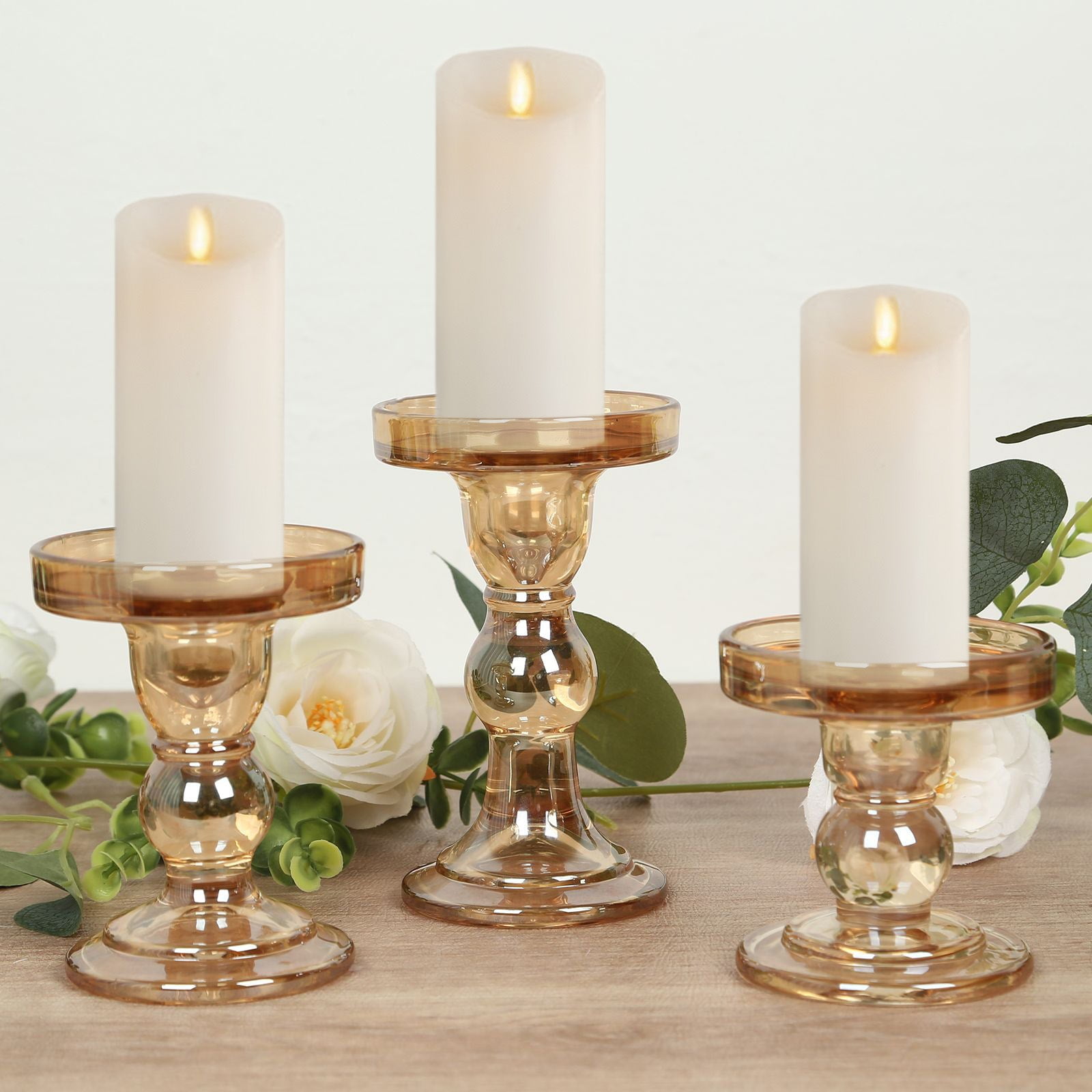 Efavormart Set of 3 Amber Gold Premium Glass Pillar Candle Holders with ...