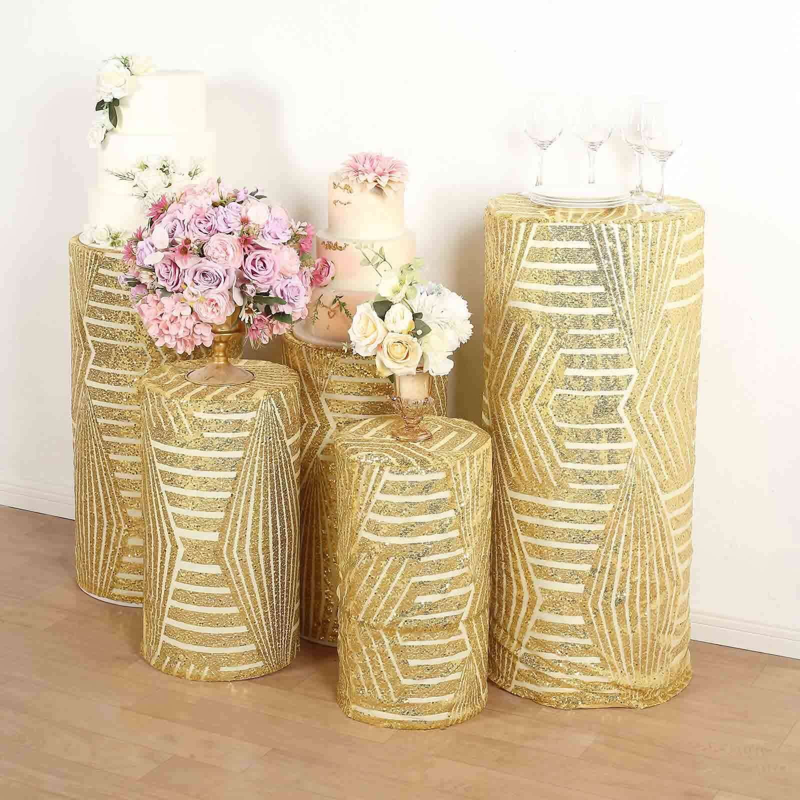 Efavormart Set of 5 Gold Sequin Mesh Cylinder Display Box Stand Covers ...