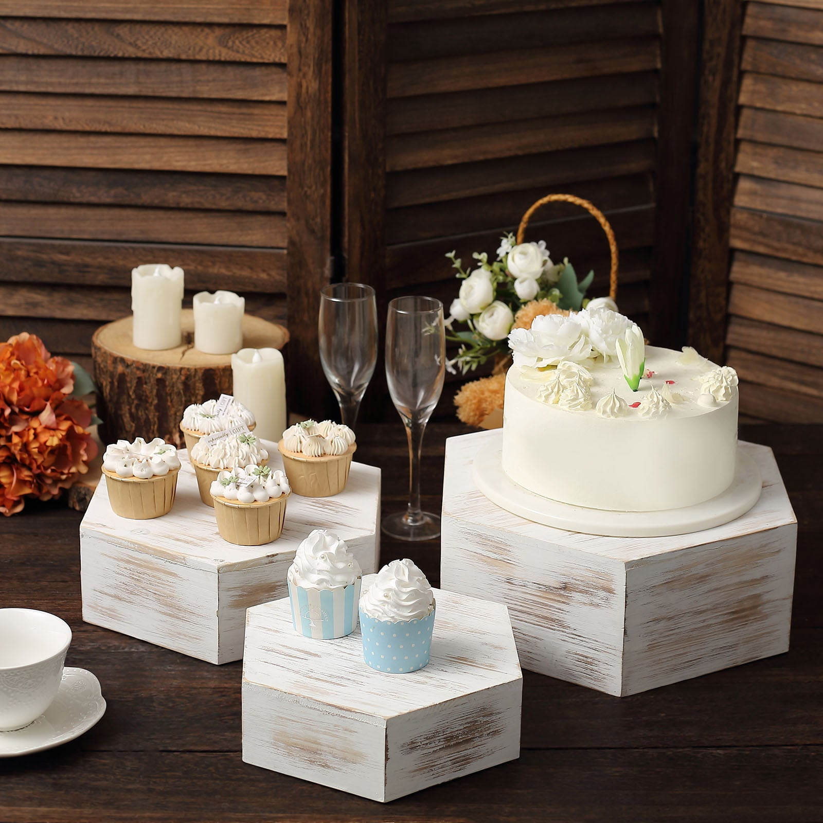 Efavormart Set Of 3 | Whitewashed Hexagonal Wooden Dessert Holder ...
