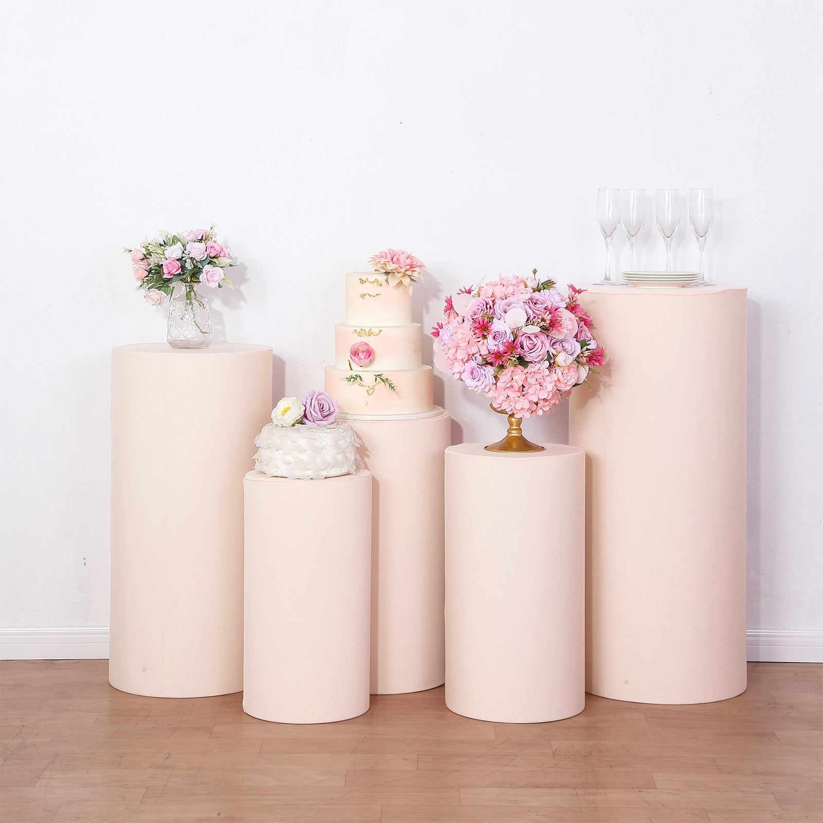 Efavormart Set Of 5 | Blush Spandex Cylinder Plinth Display Box Stand Covers, Stretchable ...