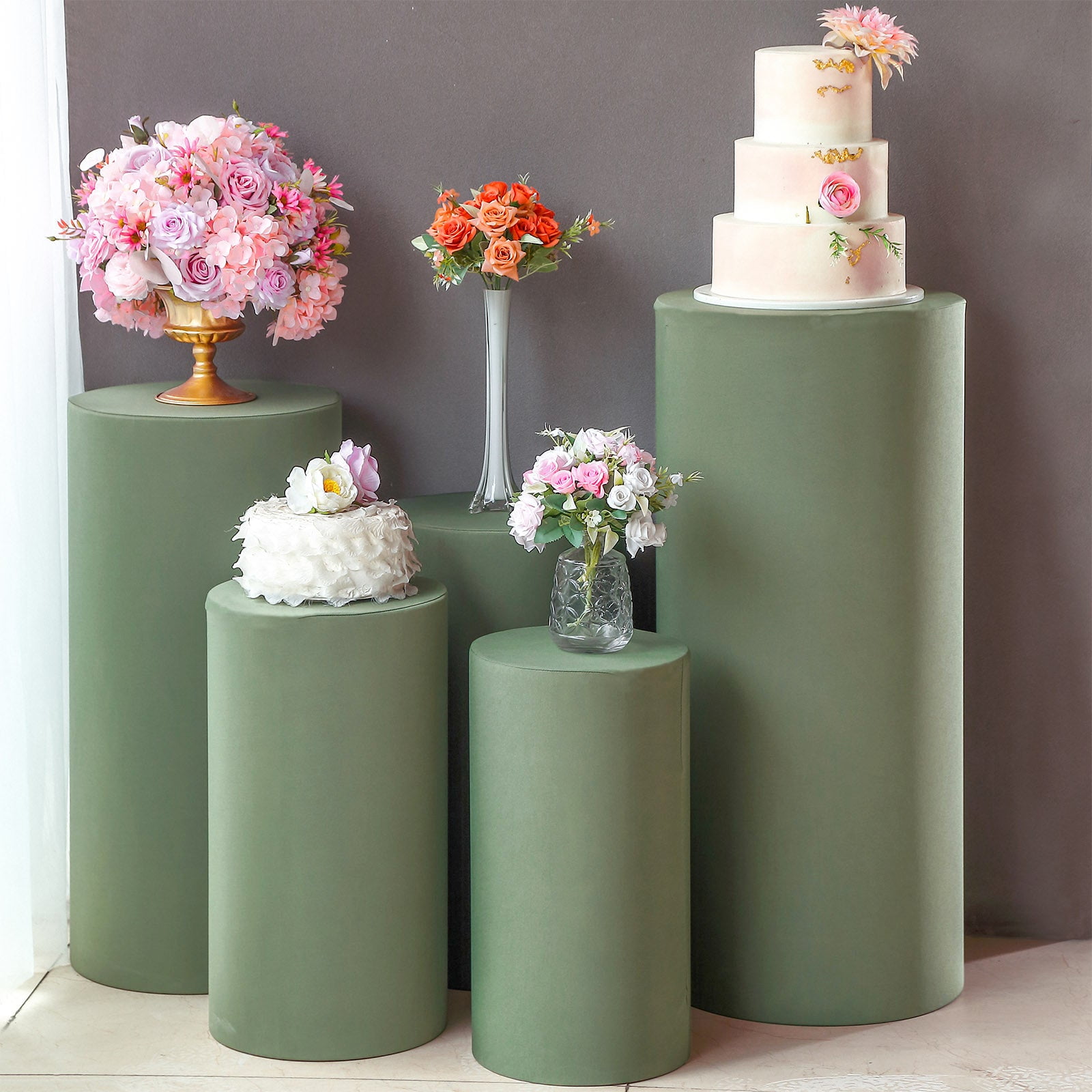 Efavormart Set Of 5 | Eucalyptus Sage Green Spandex Cylinder Plinth ...