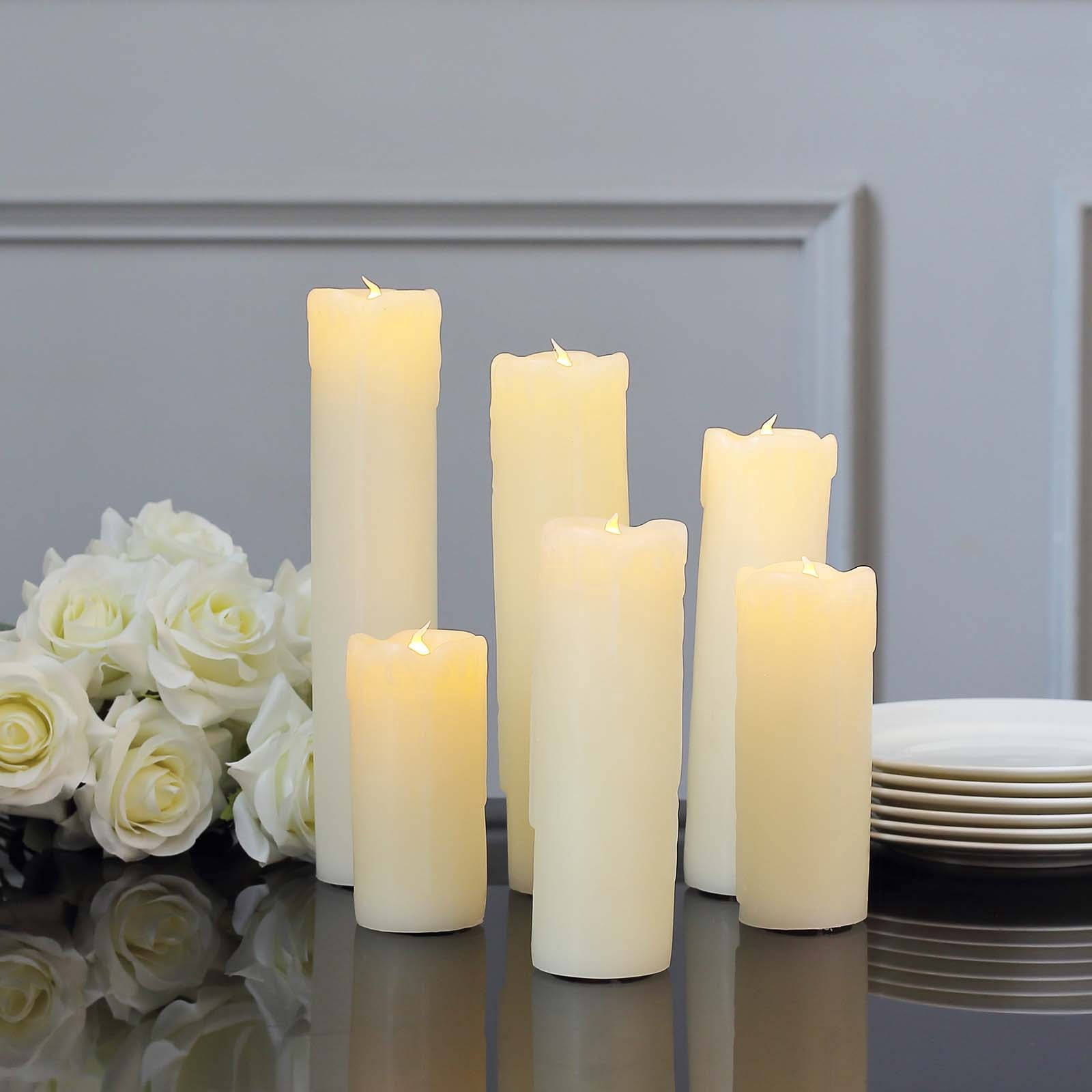 Efavormart Set Of 6 | Warm White Flameless Flicker LED Drip Wax Pillar Candles, Battery Operated ...