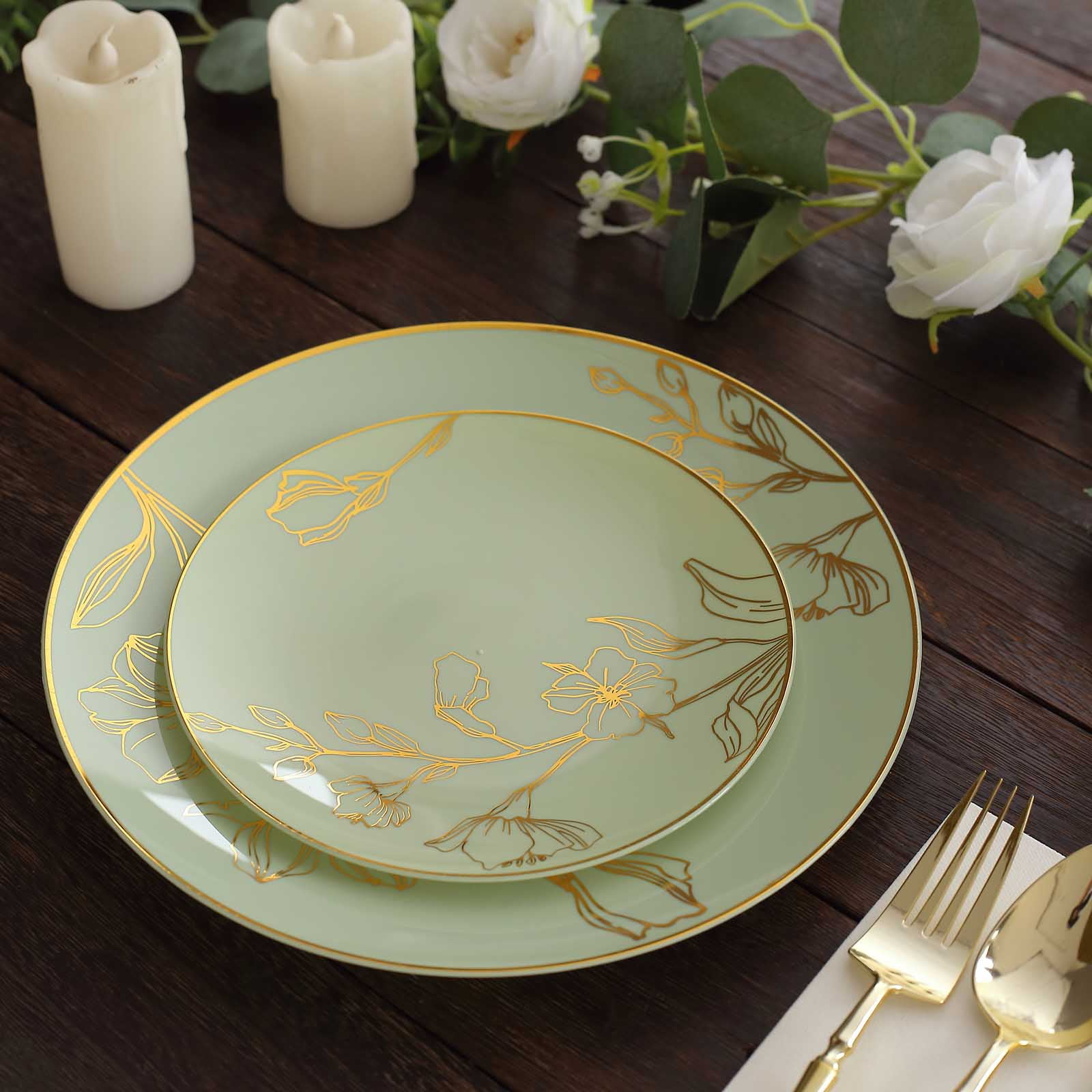 Efavormart Set of 20 Sage Green Plastic Party Plates With Metallic Gold ...