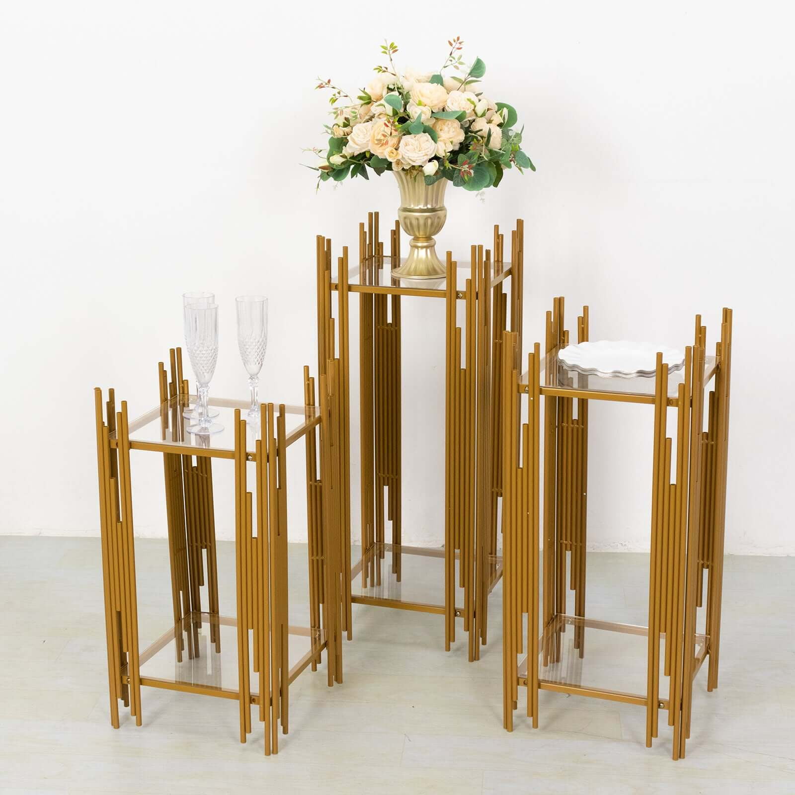 Efavormart Set of 3 Gold Metal Plinths Flower Display Stands With ...