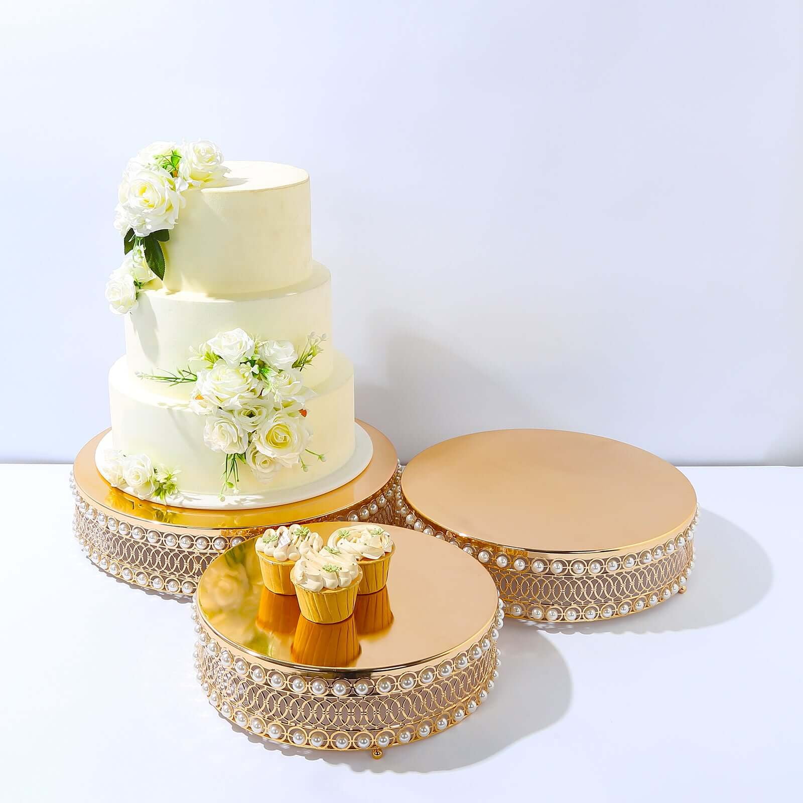 Efavormart Set of 3 Pearl Beaded Gold Metal Cake Stands with Mirror Top ...