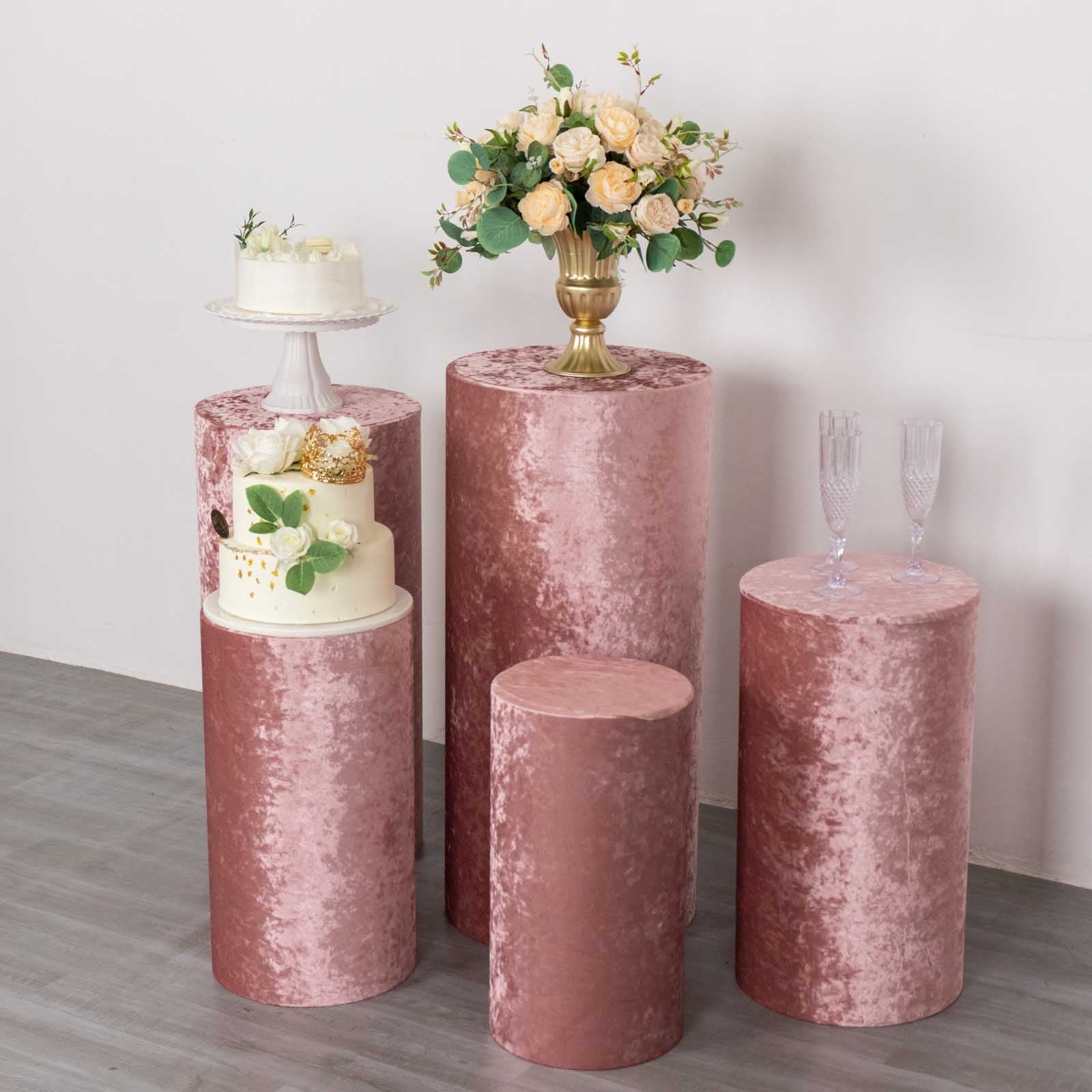 Efavormart Set of 5 Dusty Rose Crushed Velvet Cylinder Plinth Display Box Stand Covers, Premium ...