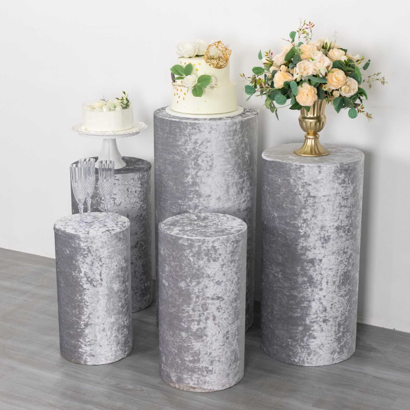 Efavormart Set of 5 Silver Crushed Velvet Cylinder Plinth Display Box ...