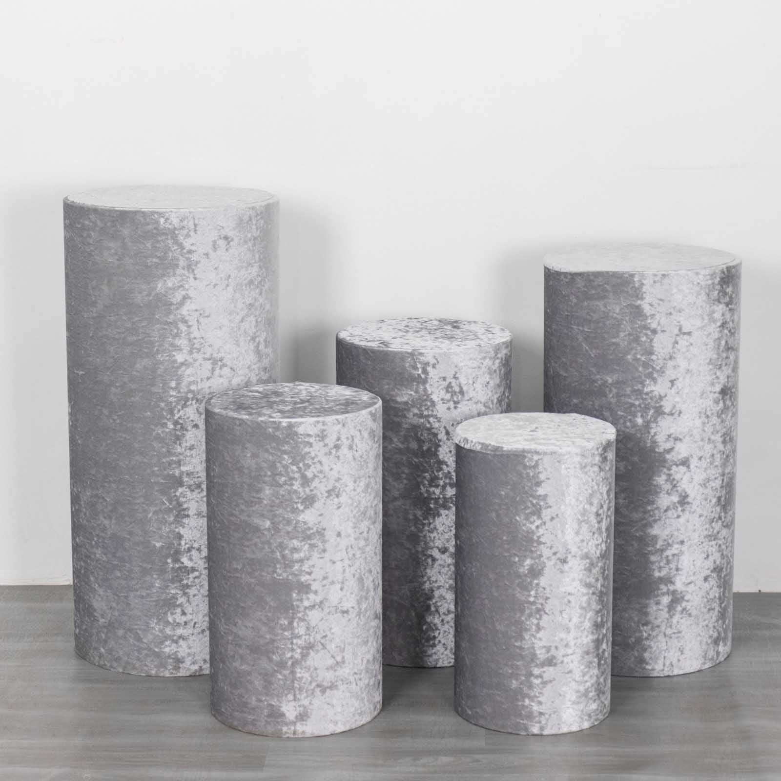 Efavormart Set of 5 Silver Crushed Velvet Cylinder Plinth Display Box ...