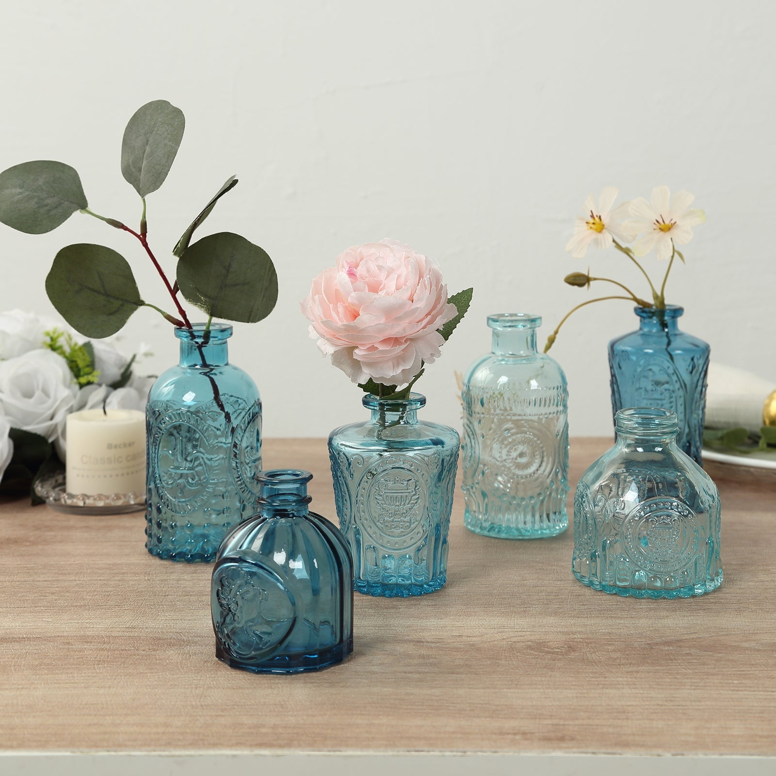 Efavormart Set of 6 Vintage Embossed Mixed Blue Glass Bud Vases ...