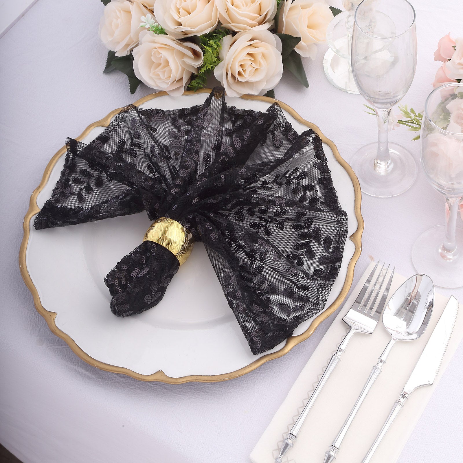 Efavormart Sparkly Black Gold Leaf Vine Embroidered Sequin Tulle Cloth ...