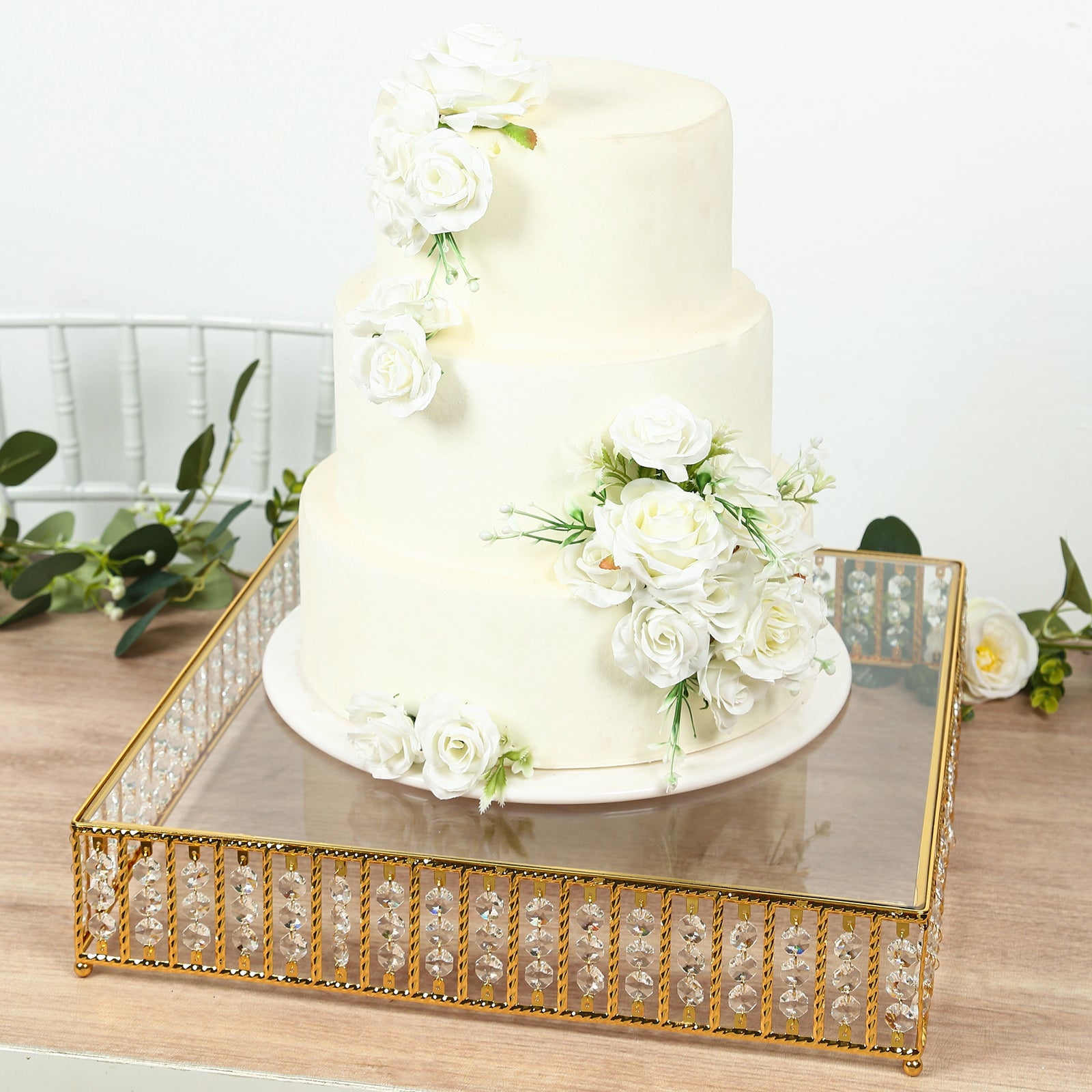 Efavormart Square Crystal Cake Stand with Hanging Beads and Glass Top ...