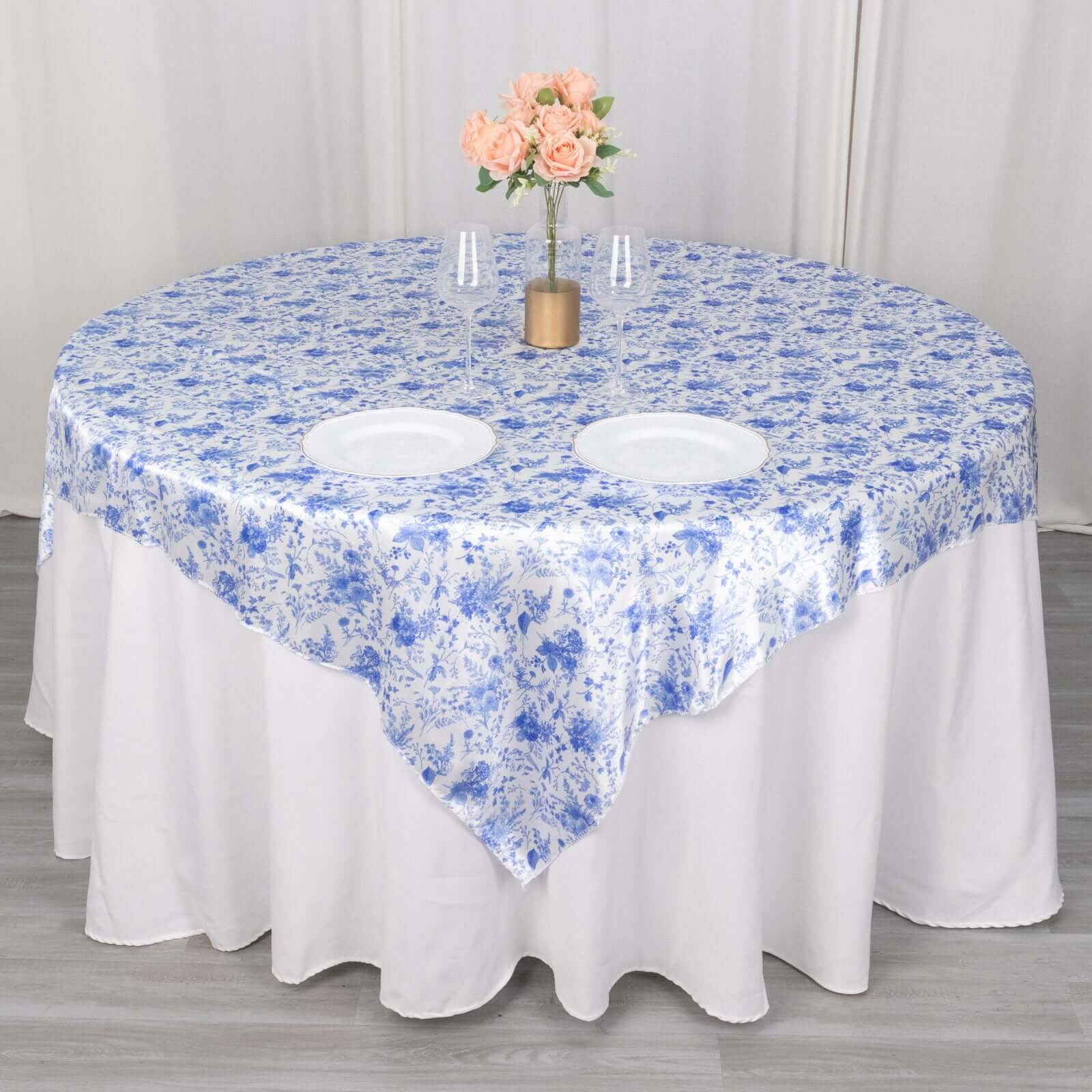 Efavormart White Blue Chinoiserie Floral Print Satin Table Overlay ...