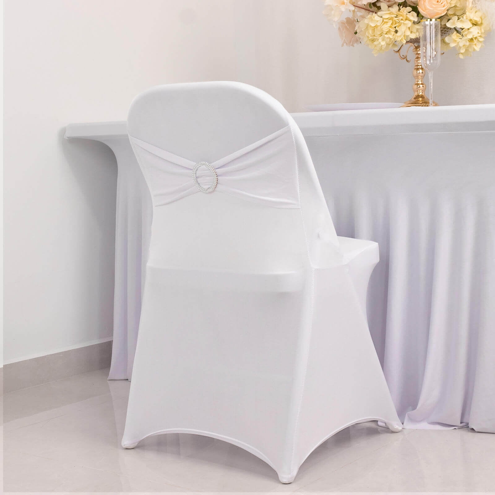 Efavormart White Spandex Folding Slip On Chair Cover with Silver ...