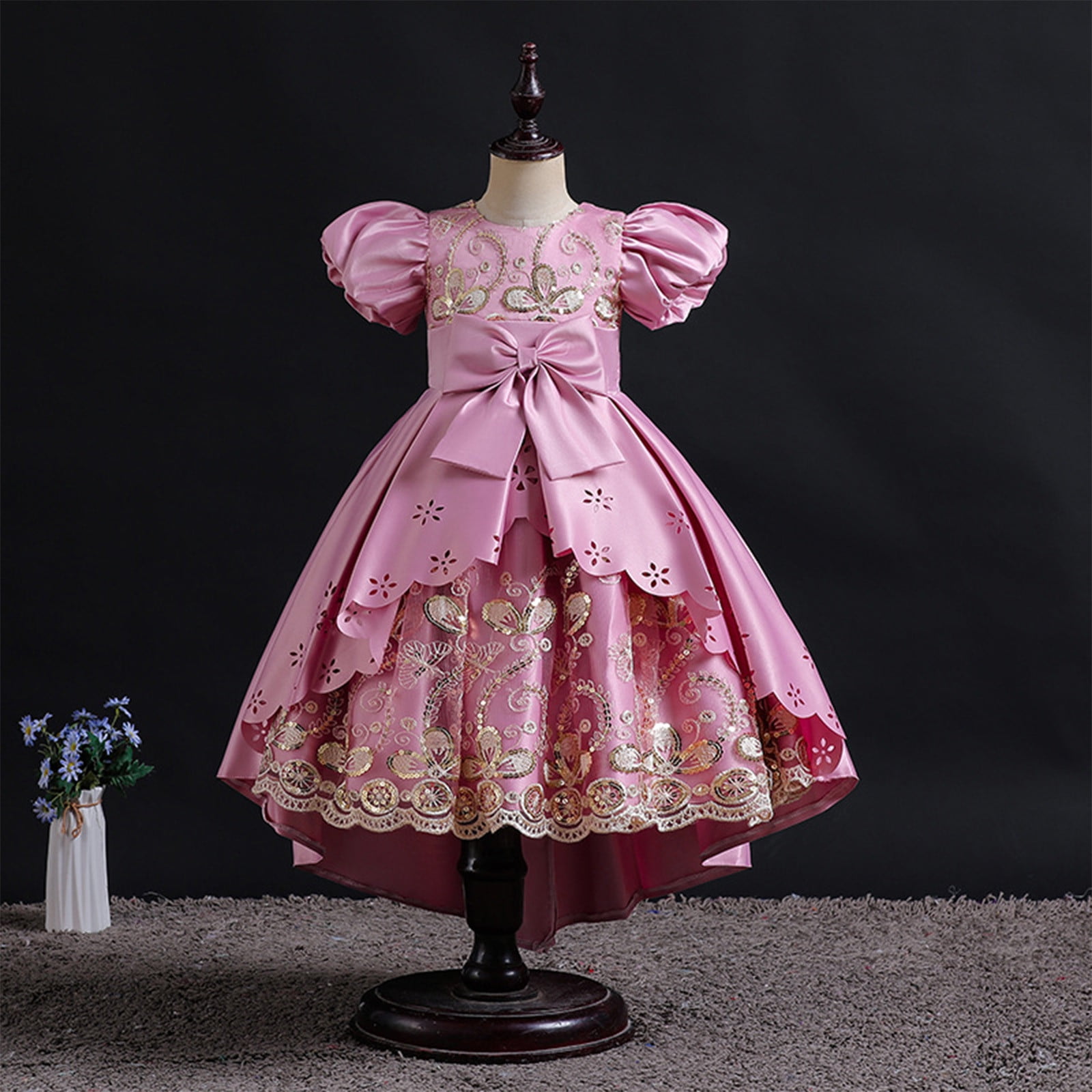 ATOGUTA Dresses Girls Bubble Sleeve Bowknot Flower Princess Pageant ...