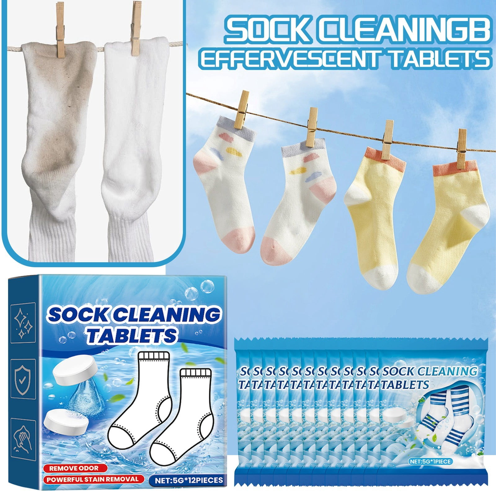 Effervescent Sock Cleaning Tablets - Laundry Detergent Pods for Deep ...