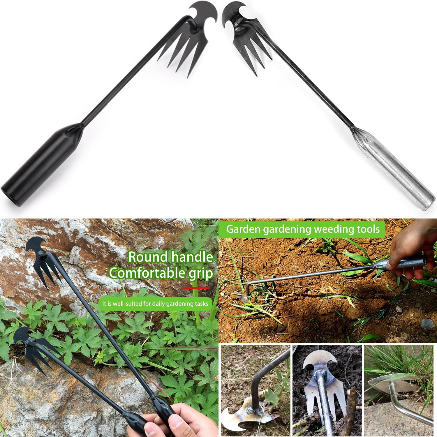 Efficient Silver Long Handle Weed Puller with 4 Razor-Sharp Teeth for ...